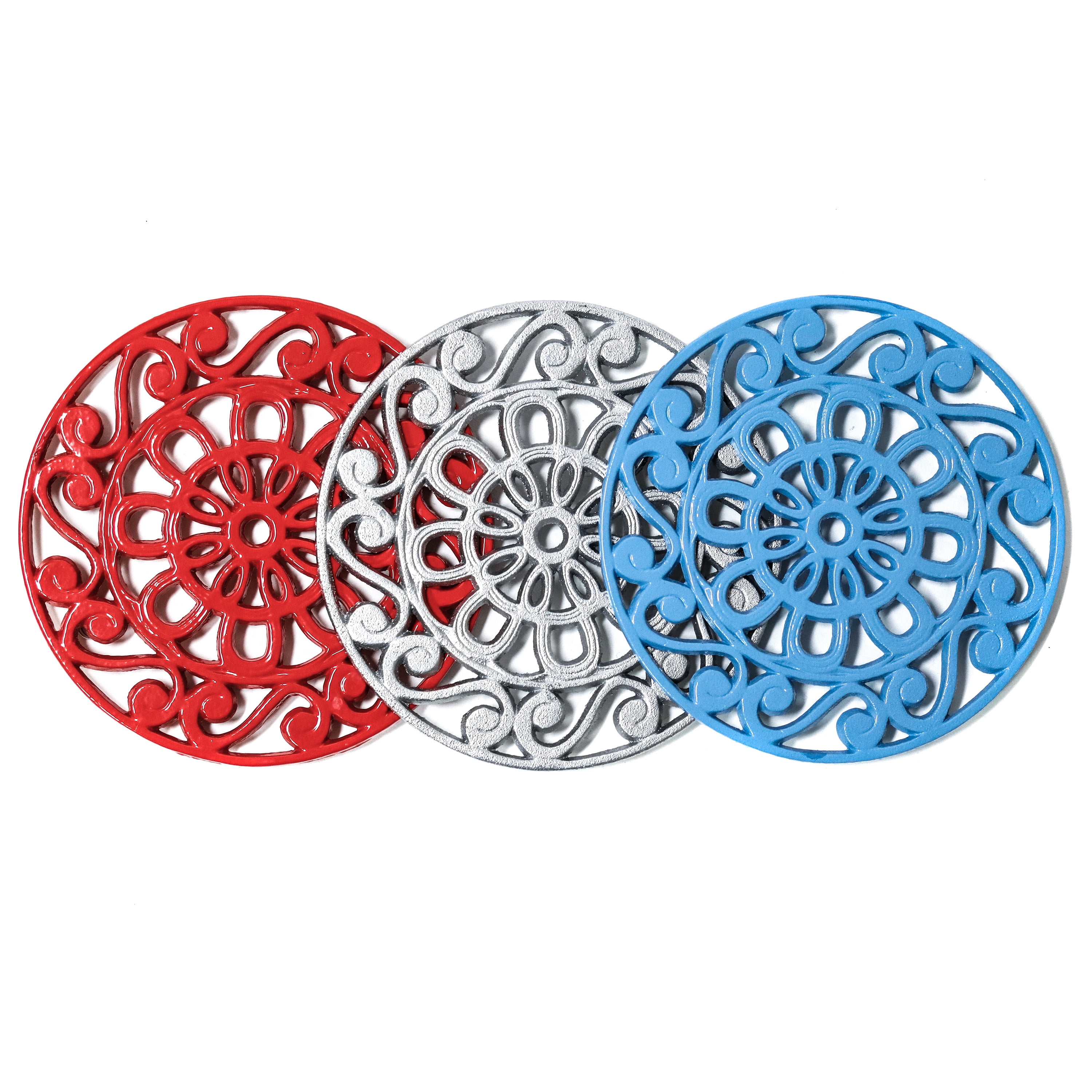 Decorative Cast Iron Metal Trivets (Set of 3, Blue/Red/Silver ...