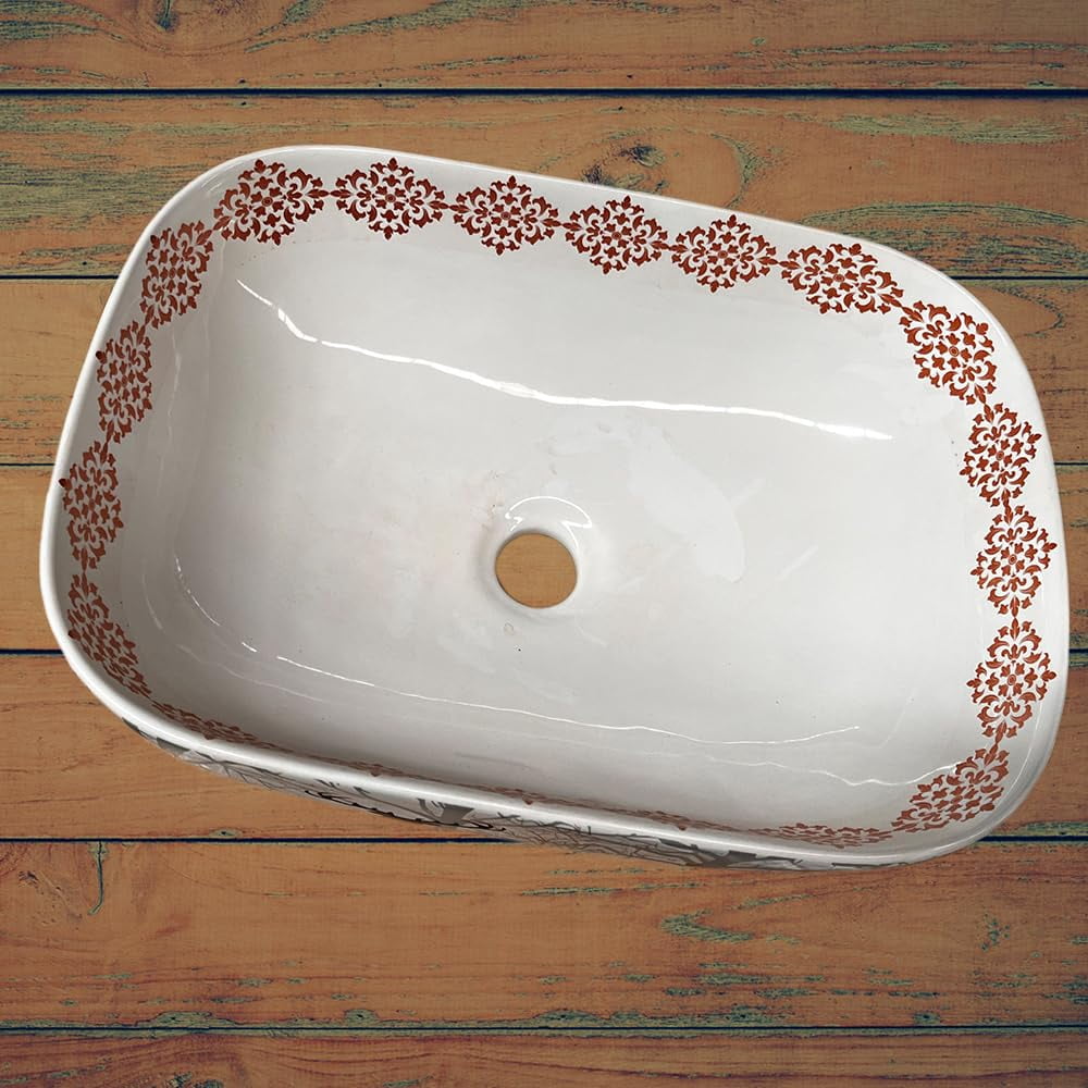 Decorative Ceramic Bathroom Vessel Sink White with Brown Floral Border ...