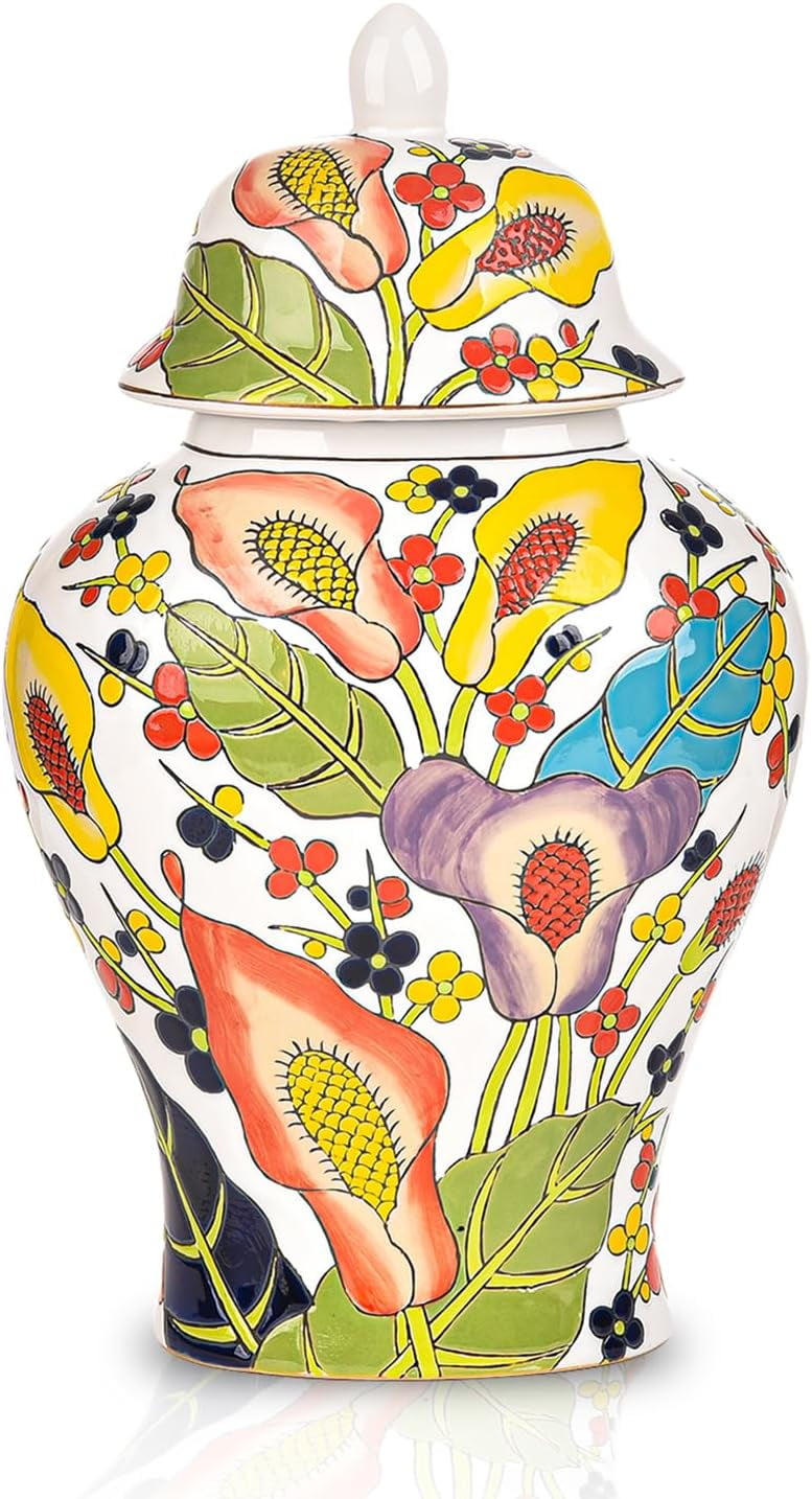 Decorative Ceramic Ginger Jar with Lid, Floral Pattern Porcelain Temple ...