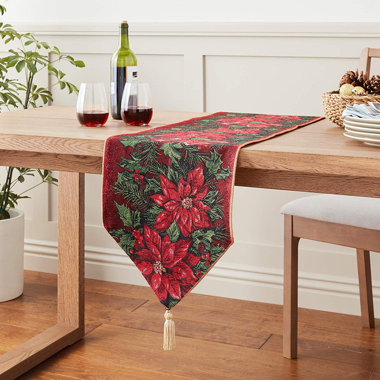 Decorative Christmas Poinsettias Design Tapestry, 13" X 70" Table ...