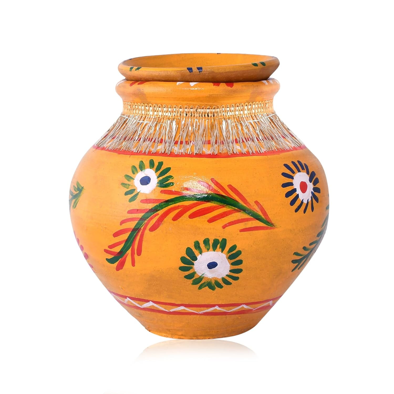 Decorative Clay Kalash for Pooja Orange HandPainted with Floral Design ...