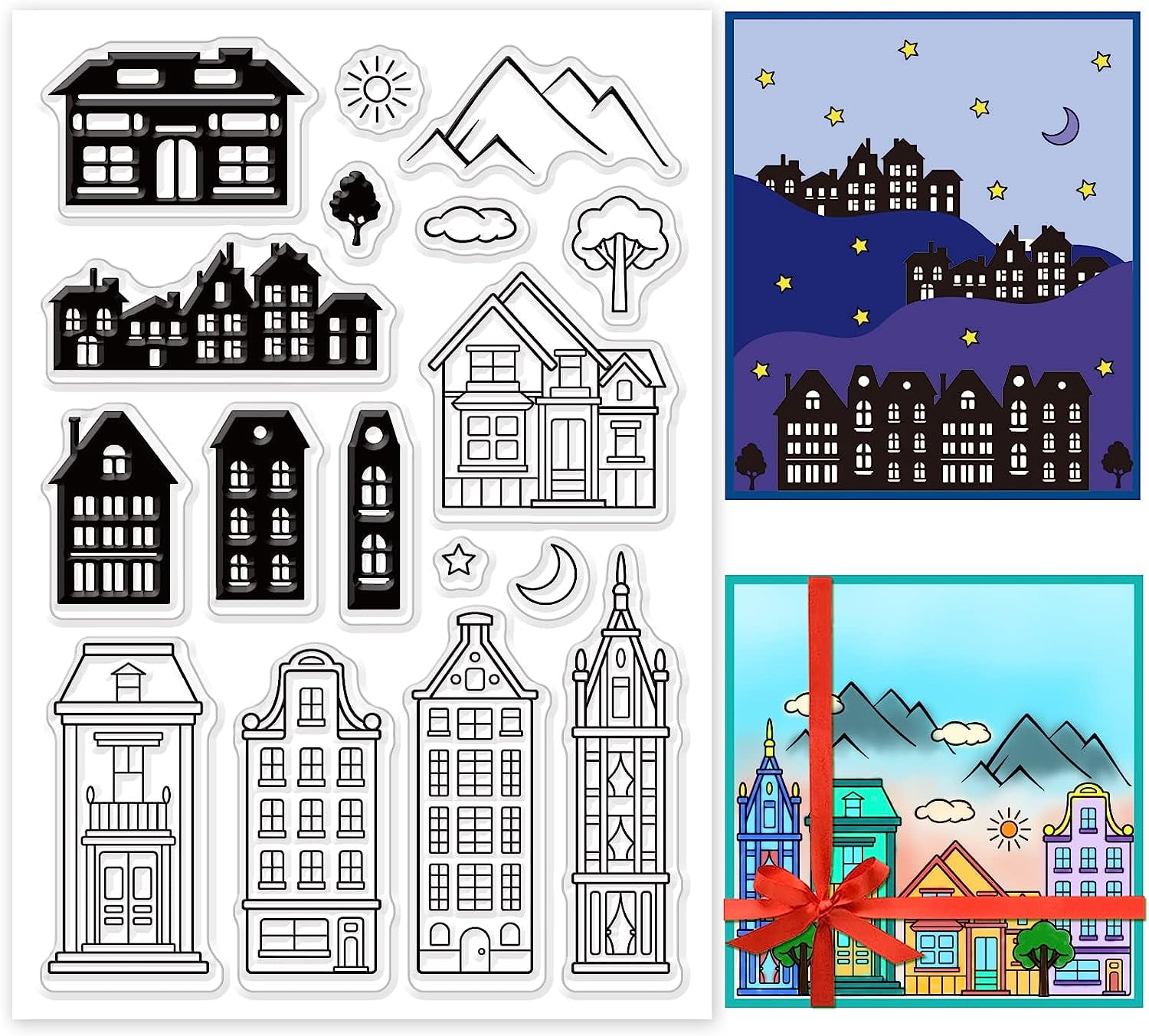 Decorative Clear Stamps City Building Plastic Stamps House Sun Moon ...