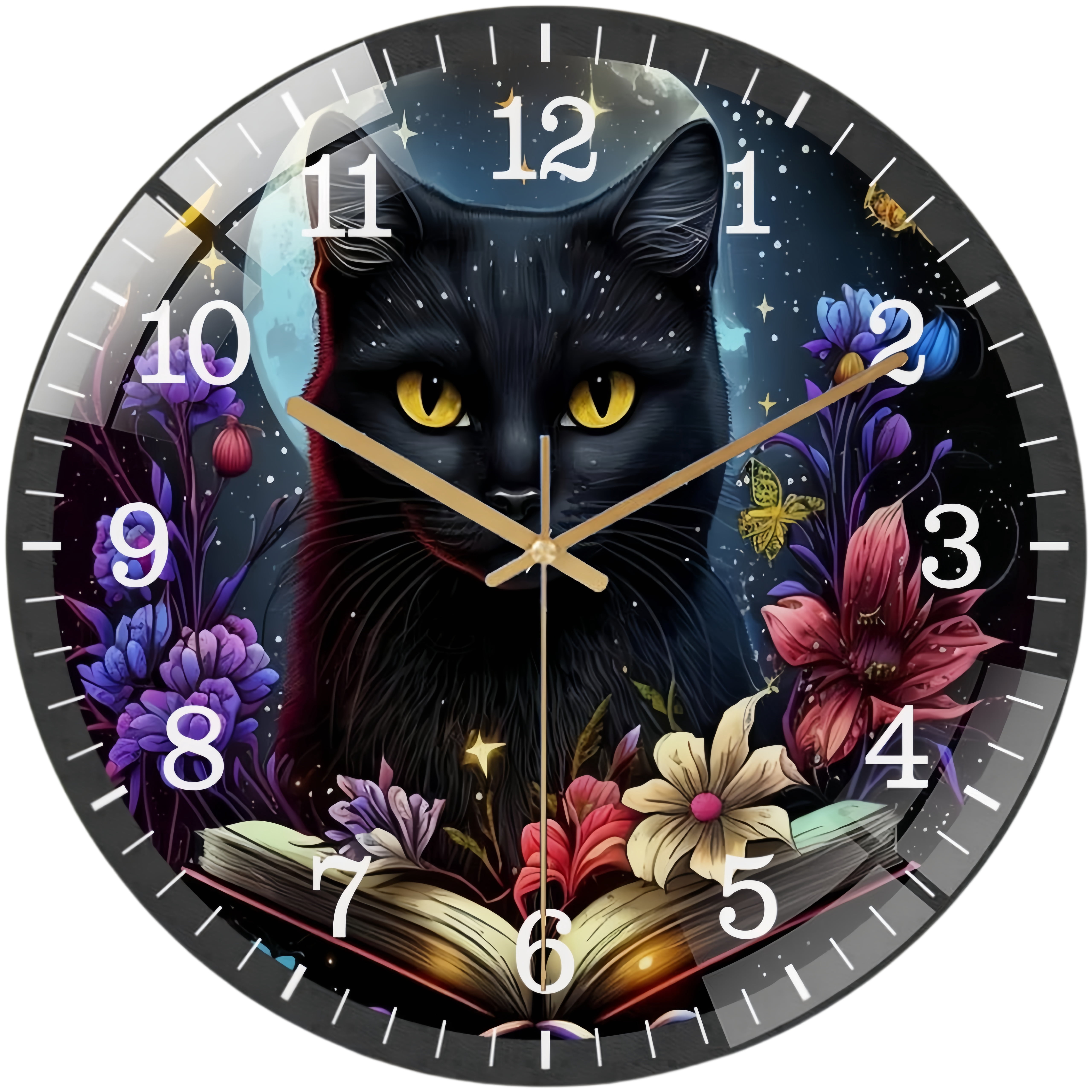 Decorative Clock：Black Cat Hallo-ween Glass Wall Clock for Homes, Bars ...