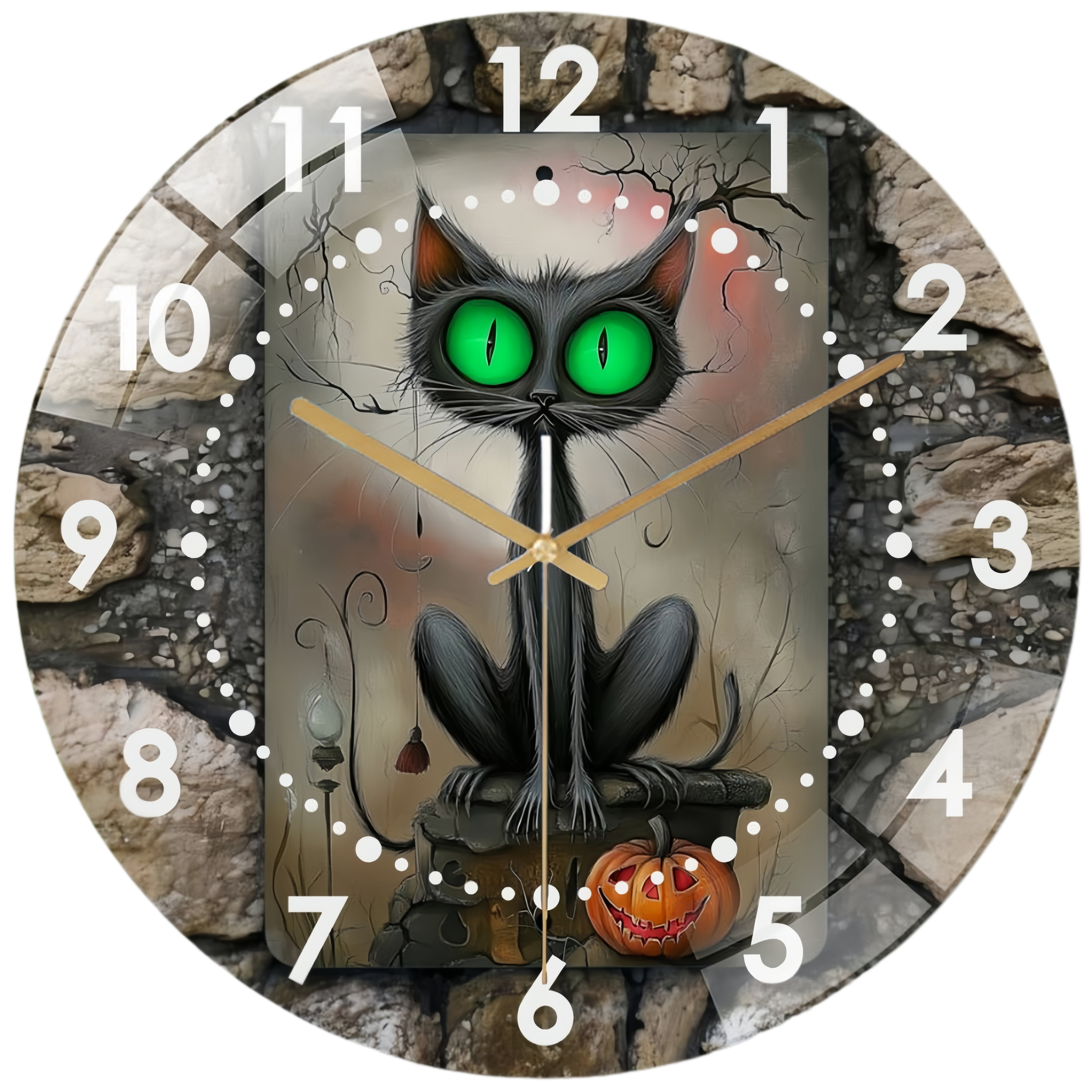 Decorative Clocks: Black Cat with Green Eyes And Pumpkin Glass Wall ...