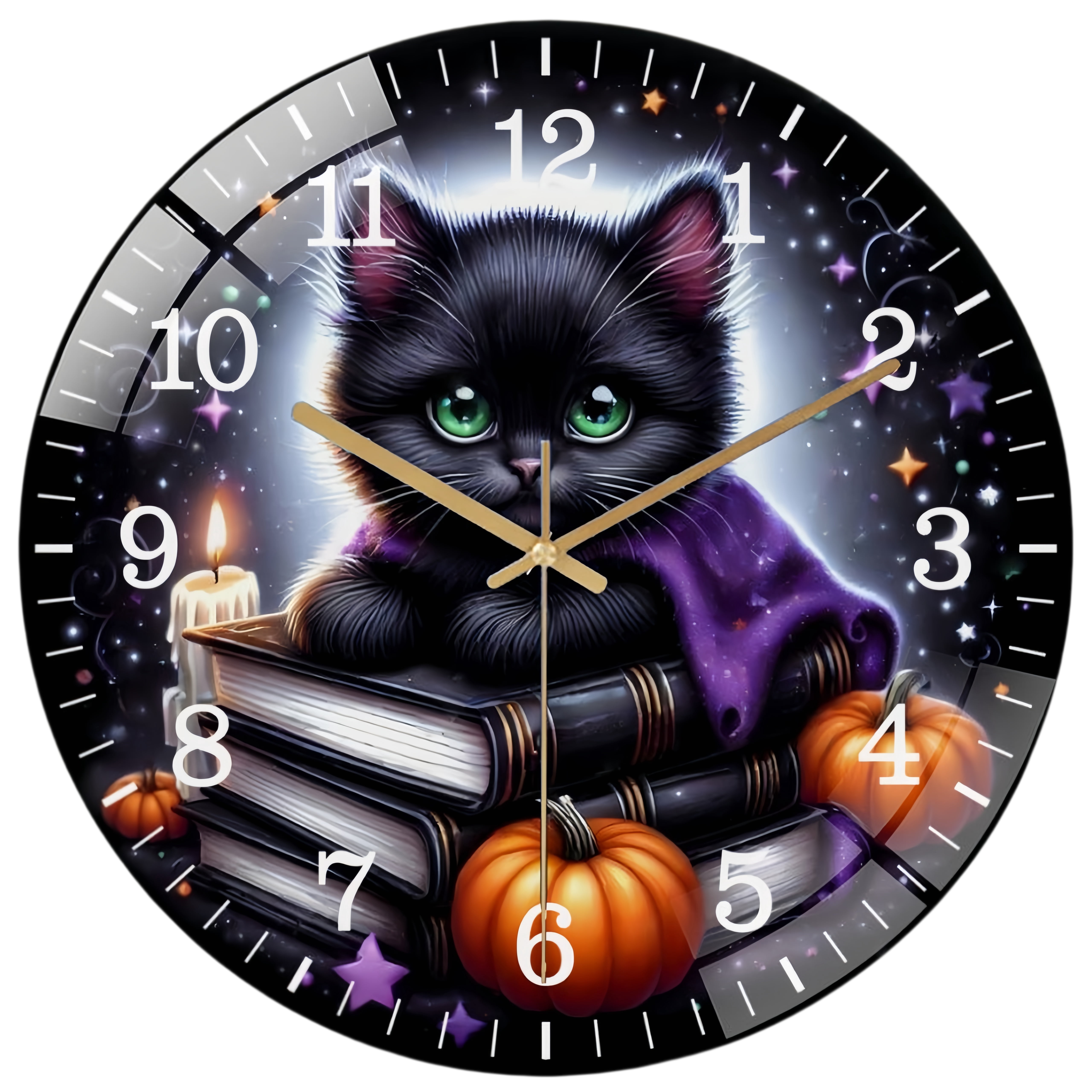 Decorative Clocks： Black Cat And Pumpkin Round Glass Wall Clock, Black ...