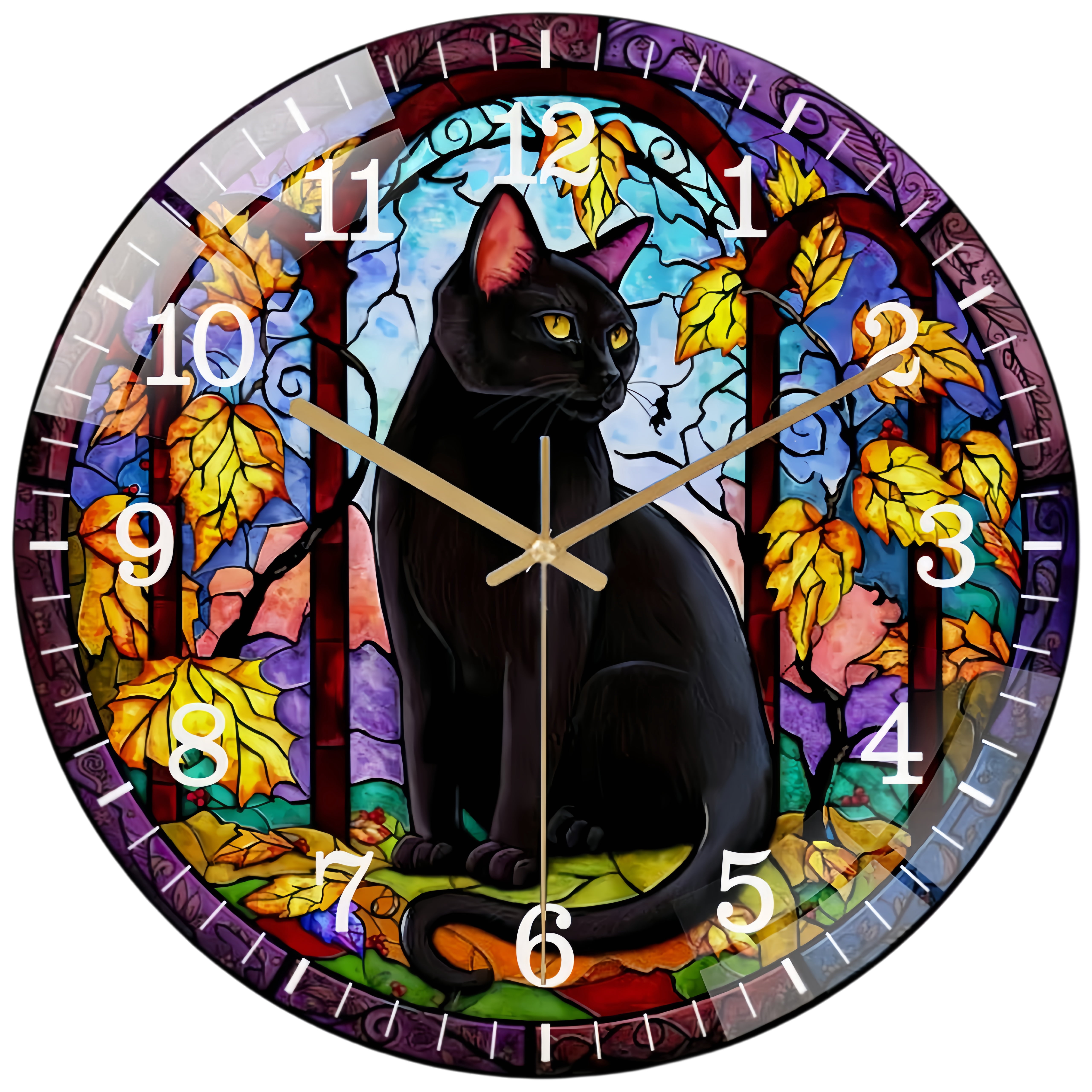 Decorative Clocks：Faux Stained Glass Black Cat Wreath Glass Wall Clock ...