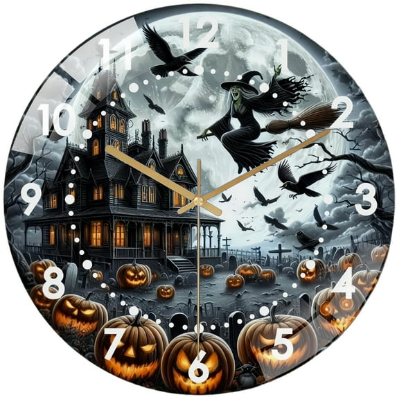 Decorative Clocks: Haunted House with Witch Halloween- Glass Wall Clock ...