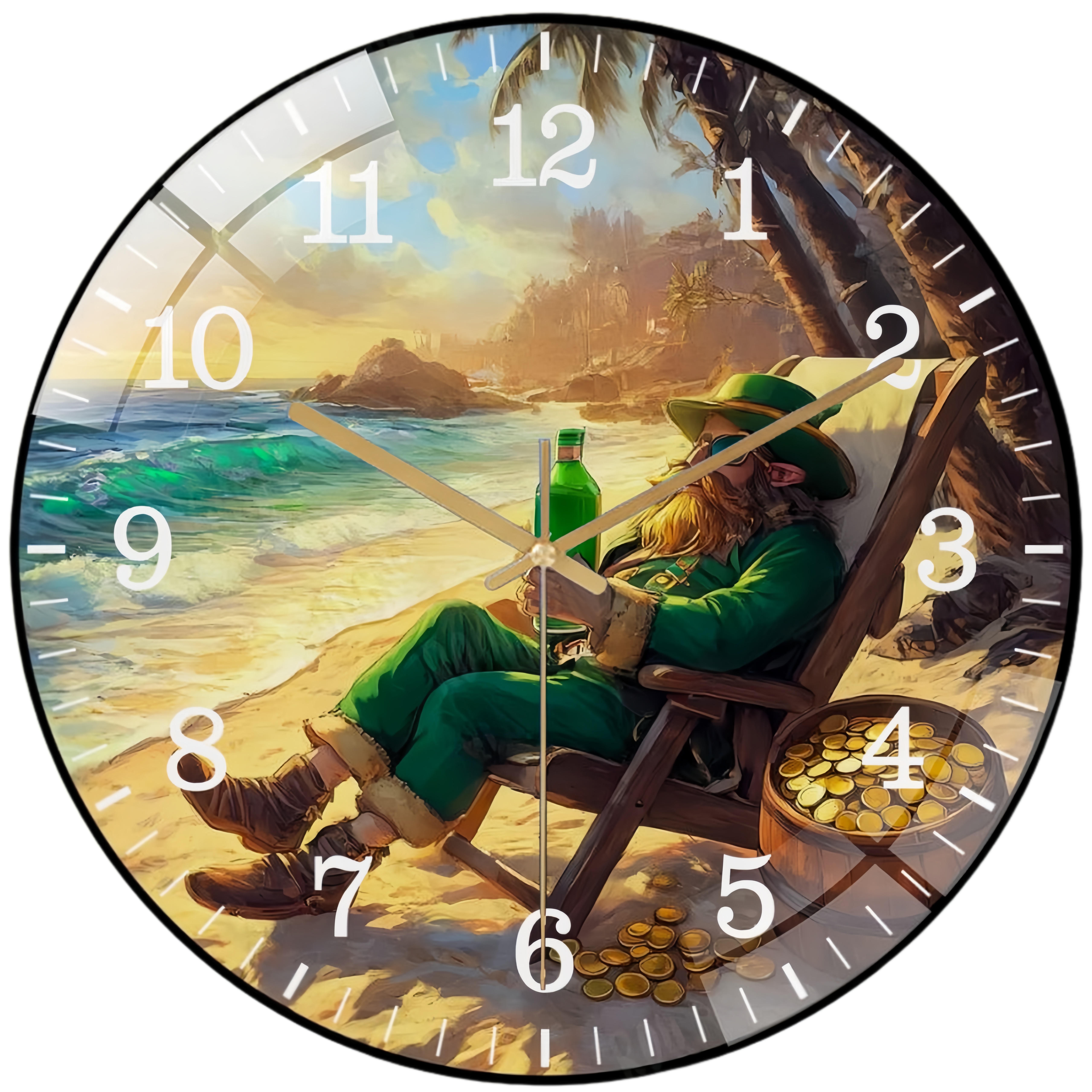 Decorative Clocks: Leprechaun on The Beach Pot of Gold Glass Wall Clock ...