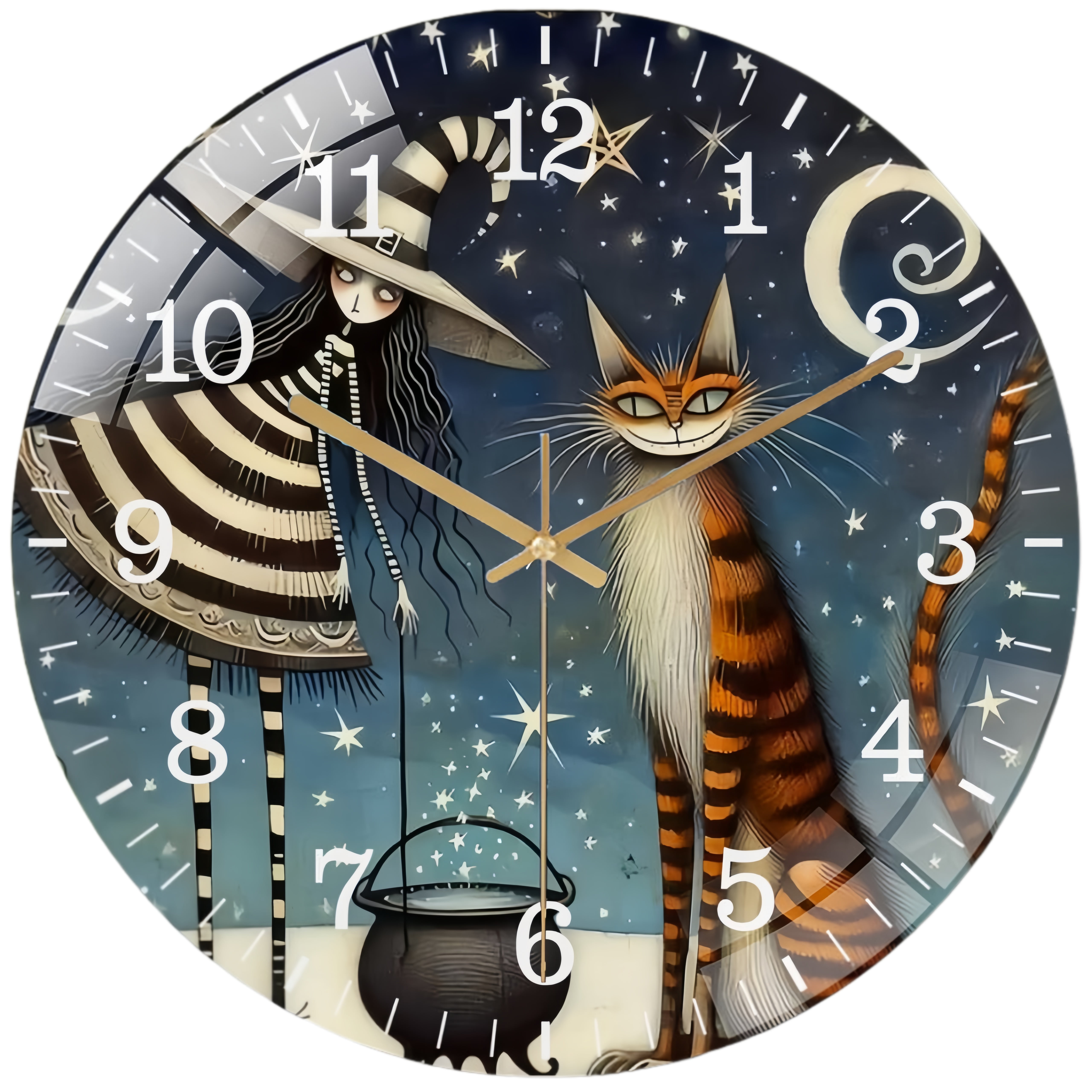 Decorative Clocks: Witch And Cat Glass Wall Clock, Spooky Wall Decor ...
