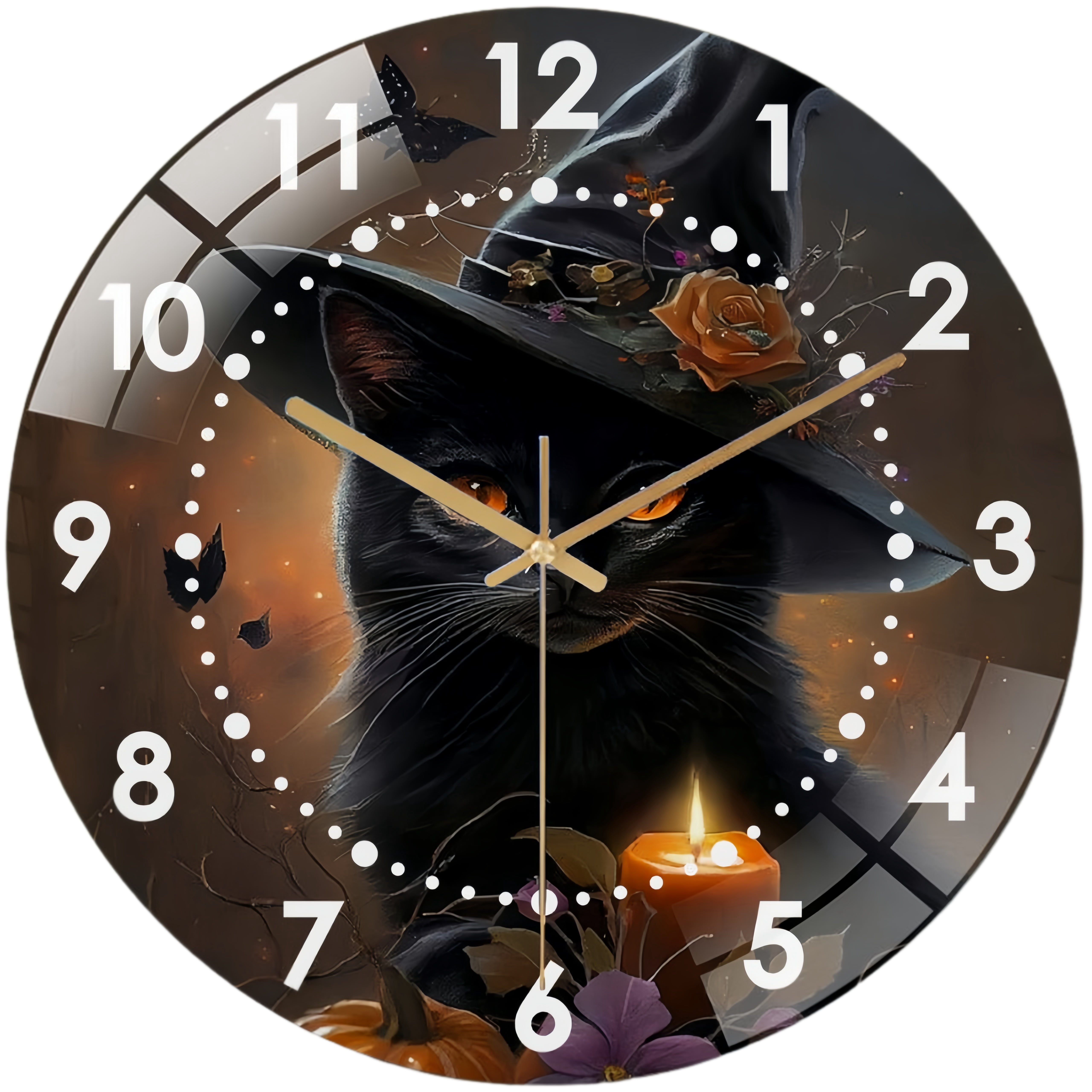 Decorative Clocks: Witchy Black Cat with Candle Pumpkin Glass Wall ...