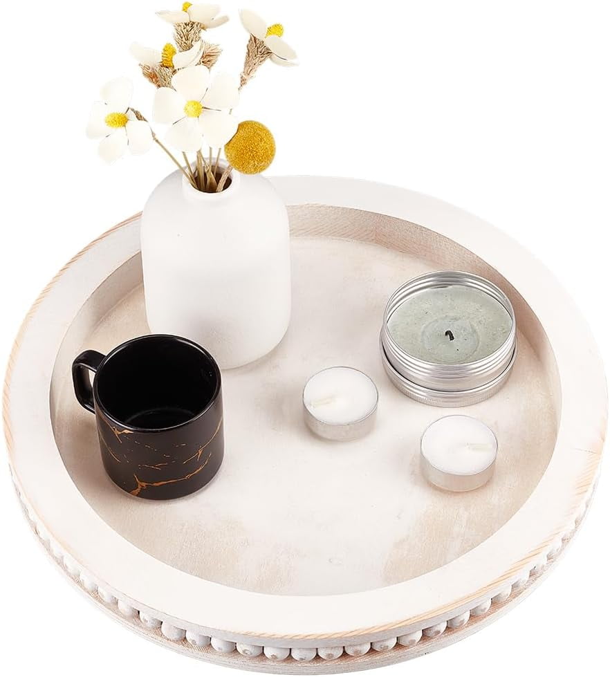 Decorative Coffee Table Tray White Beaded Round Serving Tray Wooden ...