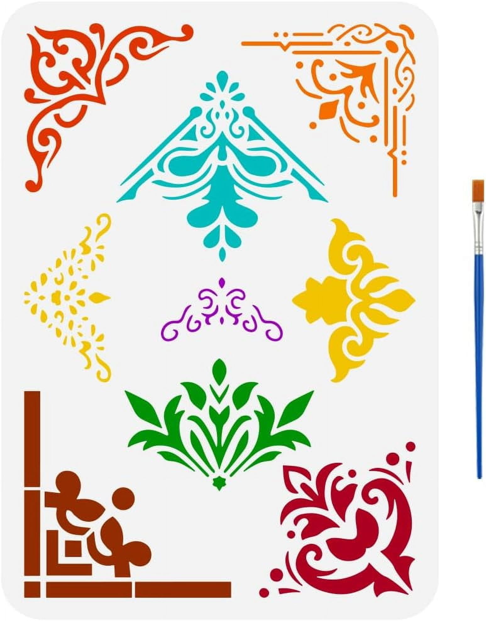 Decorative Corners Painting Stencil with 1Pc Plastic Paint Brush 8.3x11.7inch Reusable Flower ...