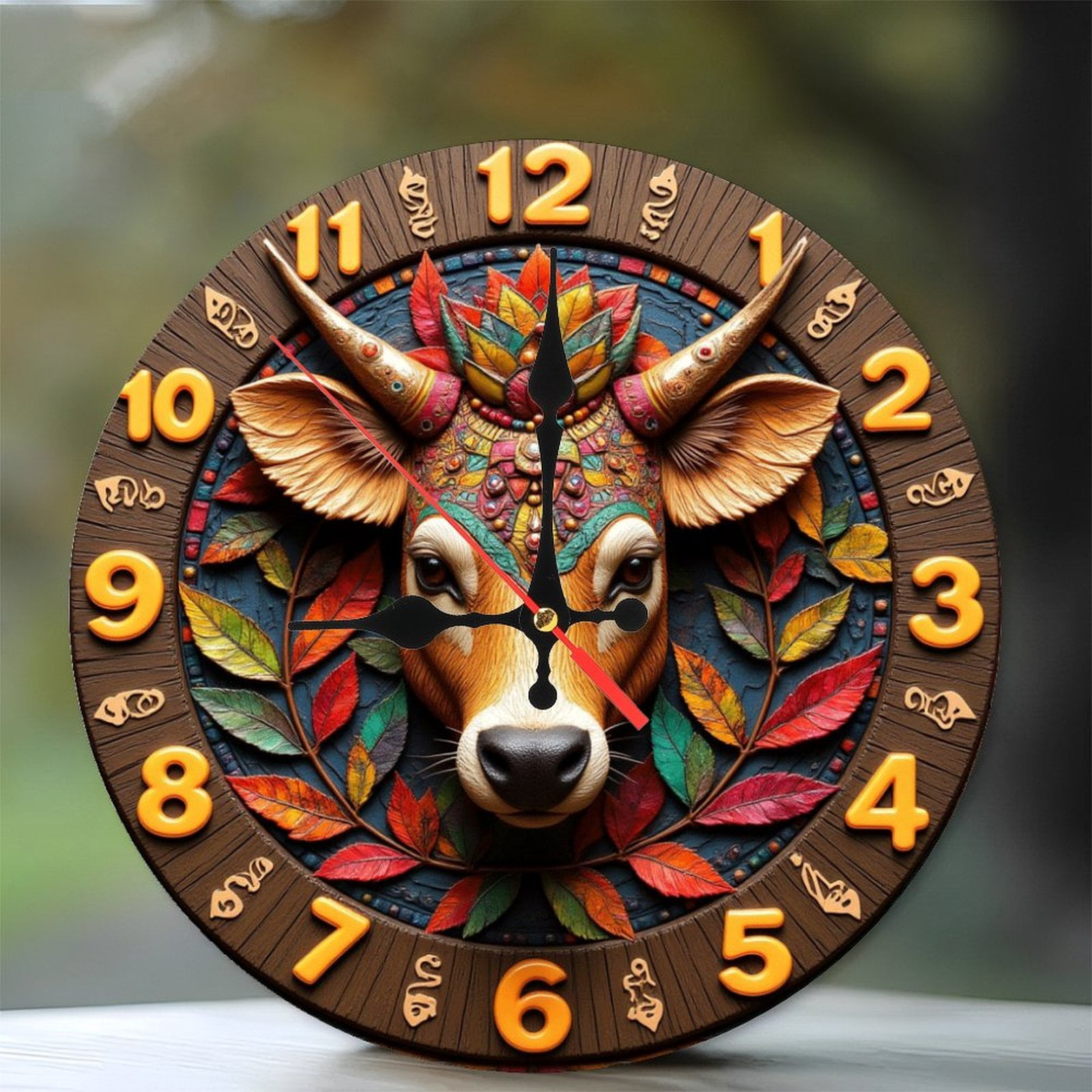 Decorative Cow Wall Clock with Rustic Leaves Design 10-Inch Silent ...