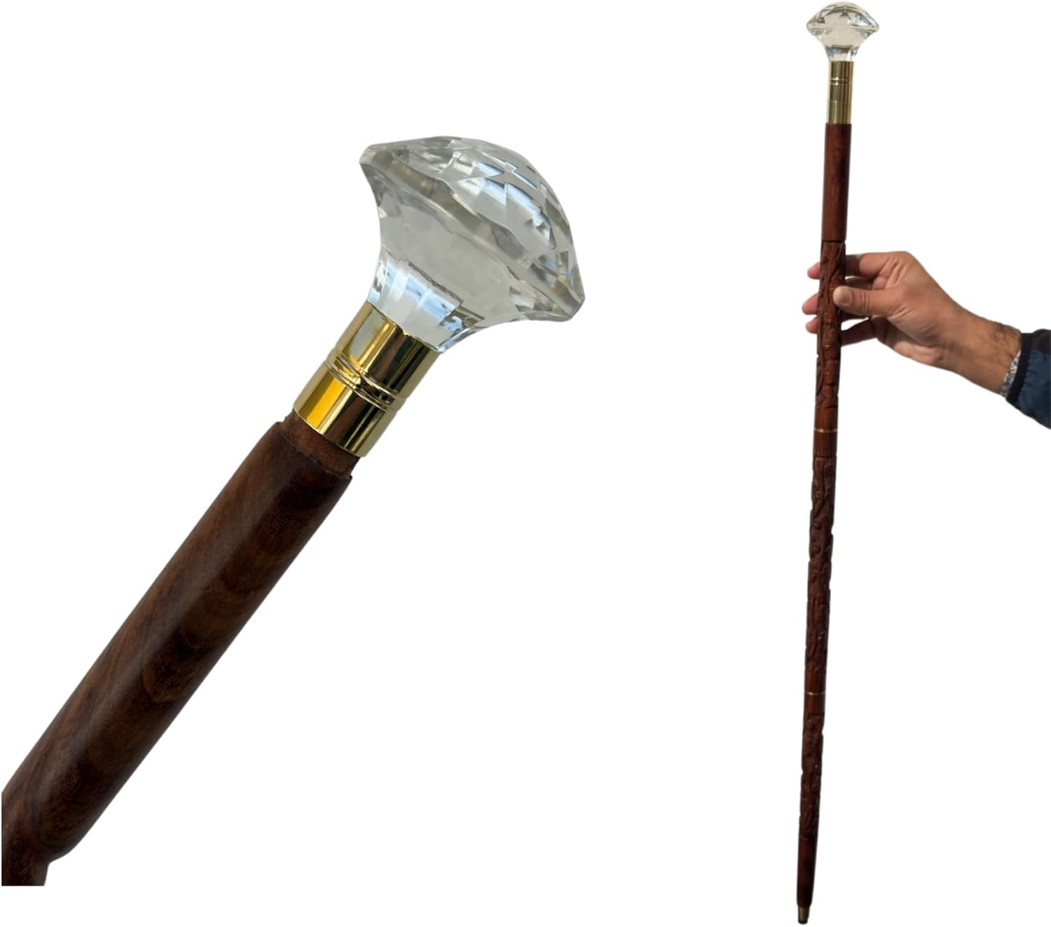 Decorative Crystal Walking Stick with Brass and Wooden Handle Heavy ...