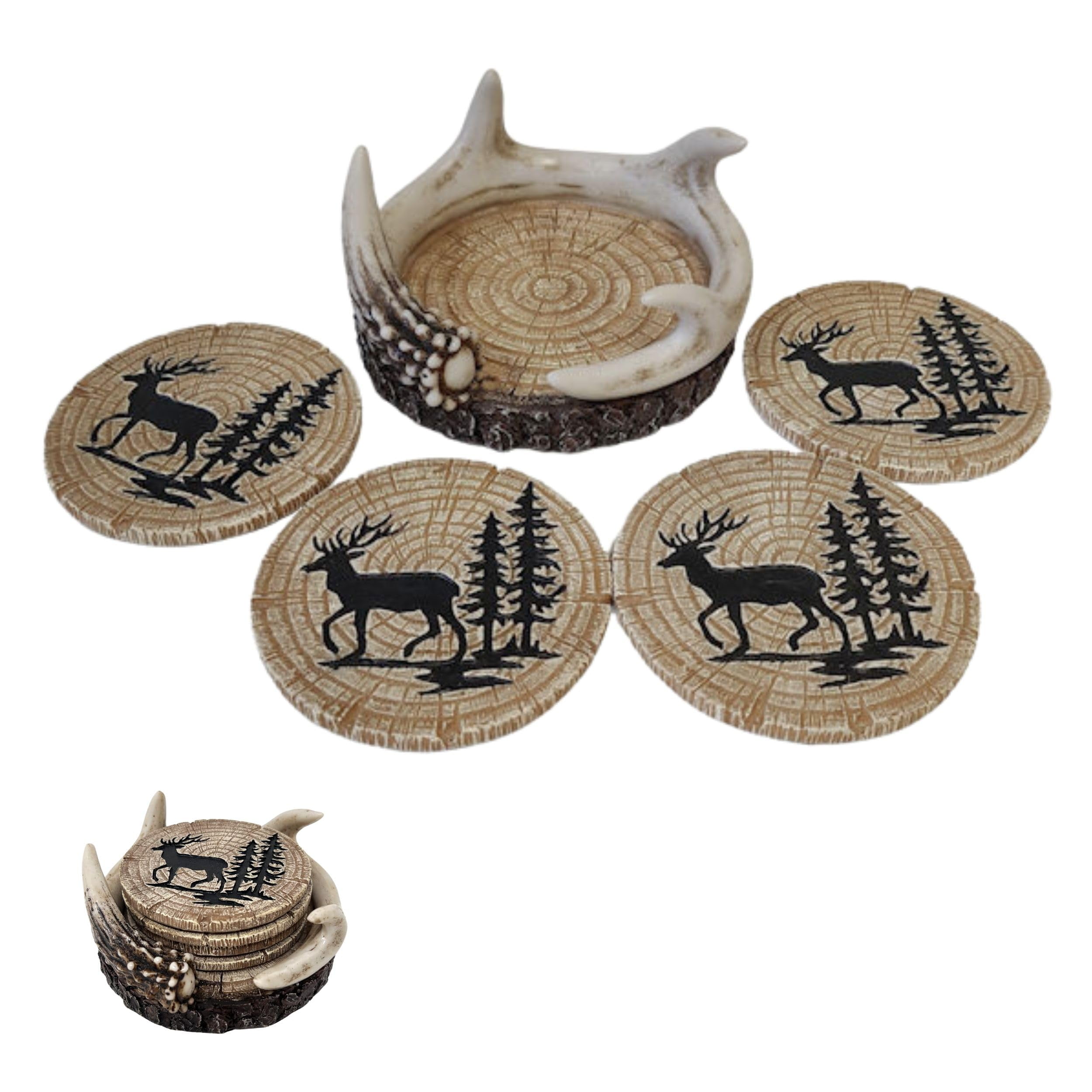 Decorative Cup Holder Coasters Set of 4 with Deer, Antler, and Pines ...