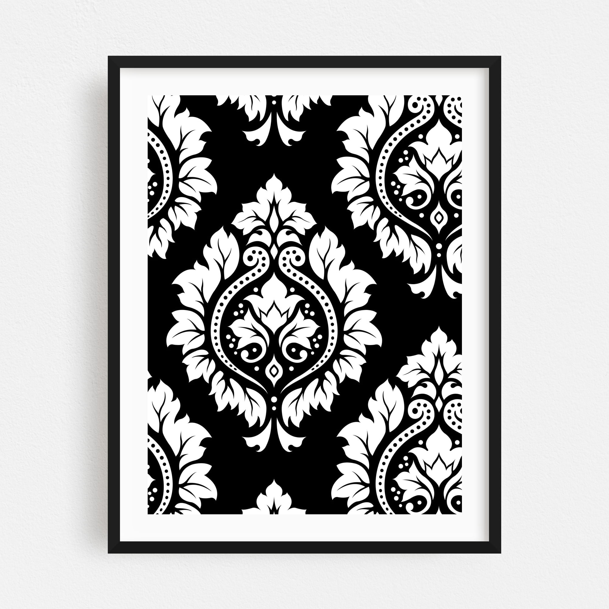 Decorative Damask Art White on Black - Digital Art Pattern Floral Black ...