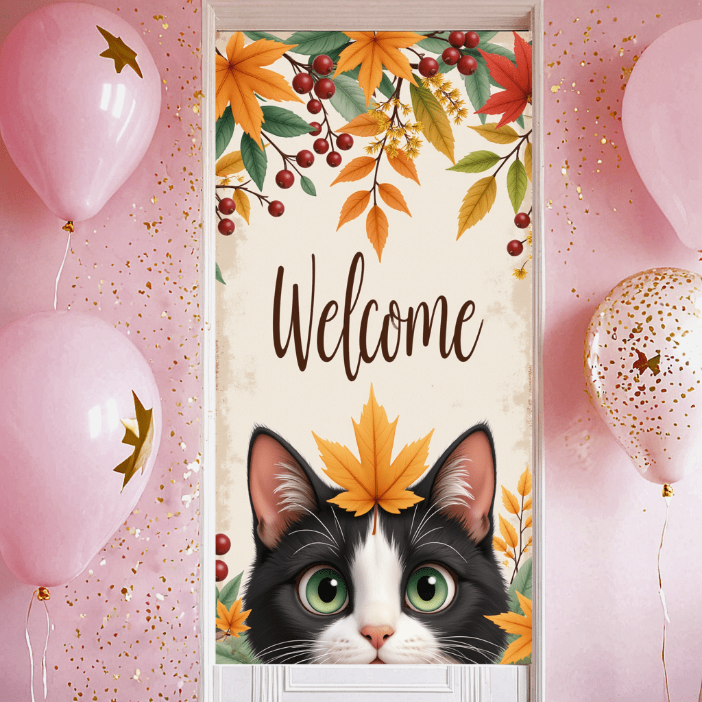 Decorative Design Welcome Banner Autumn Theme Cat Festive Decor Fall ...