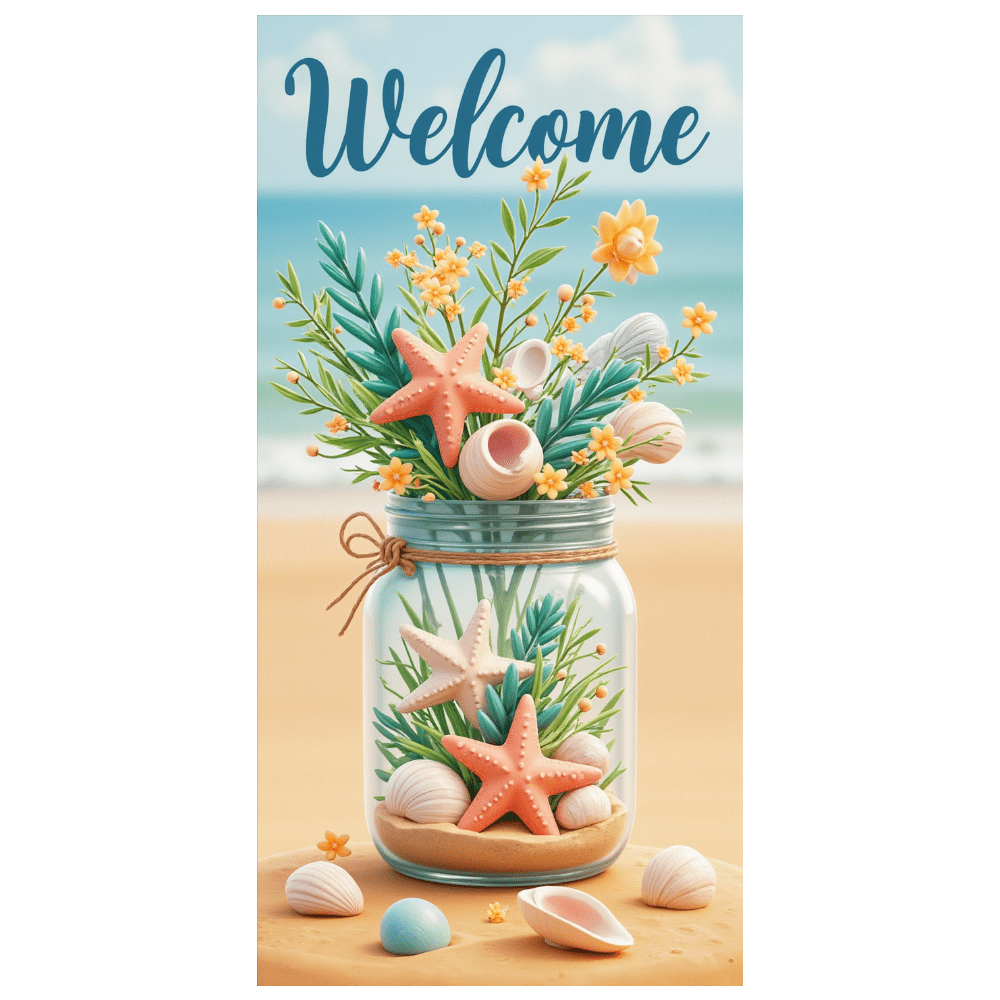 Decorative Design Welcome Sign Beach Theme Starfish Seashell Mason Jar ...