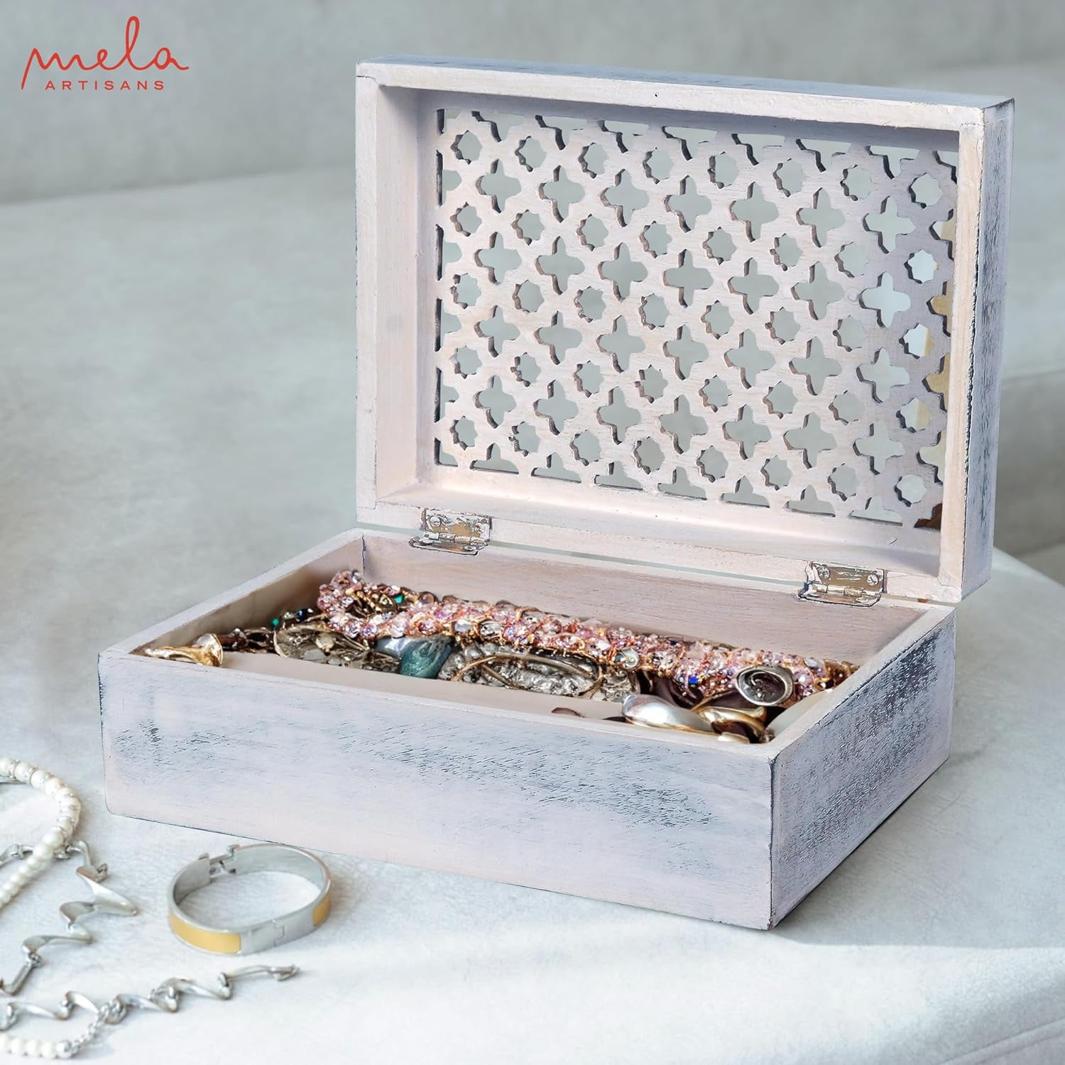 Decorative Distressed White Mango Wood Box with Lid - "Trellis" Extra ...