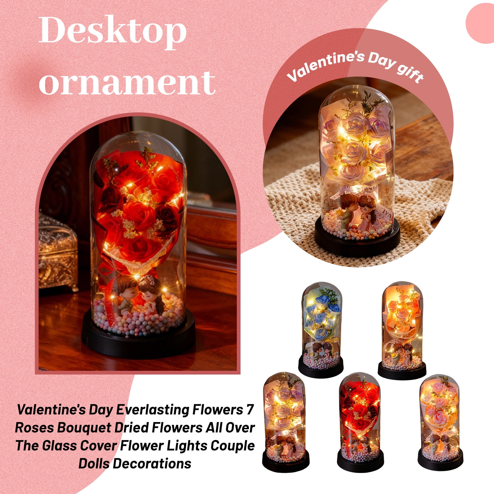 Decorative Dome Enclosure with Artificial Flower Bouquet LED String ...