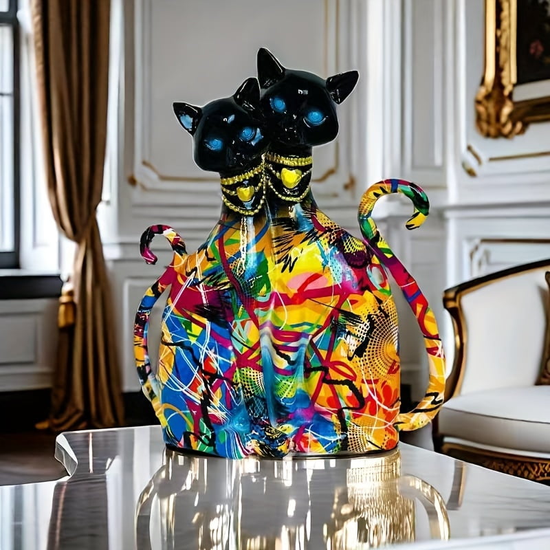 Decorative Double Cat Figurine - Colorful Abstract Art Design - 10" x 8.5" x 3.3" Whimsical Home ...