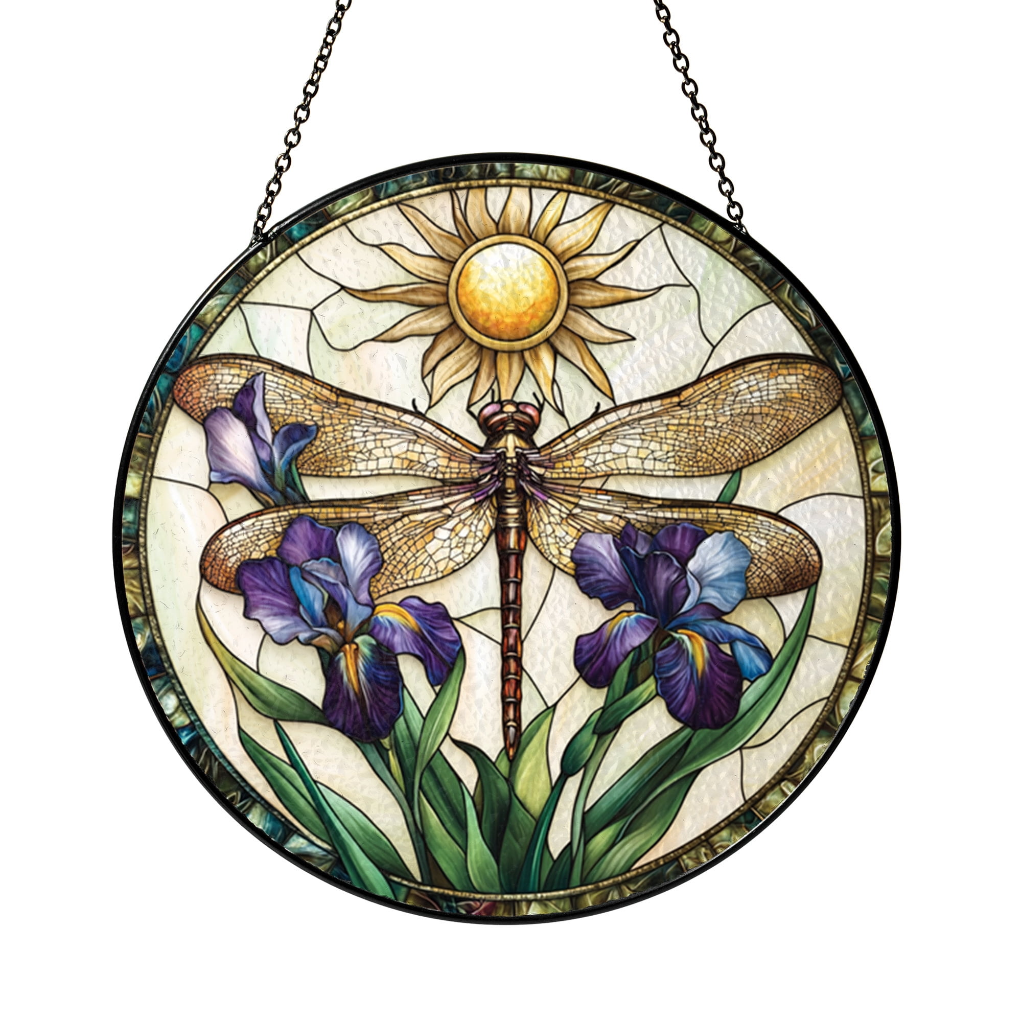 Decorative Dragonfly Glass Suncatcher Panel, Iris Floral Window Hanging ...