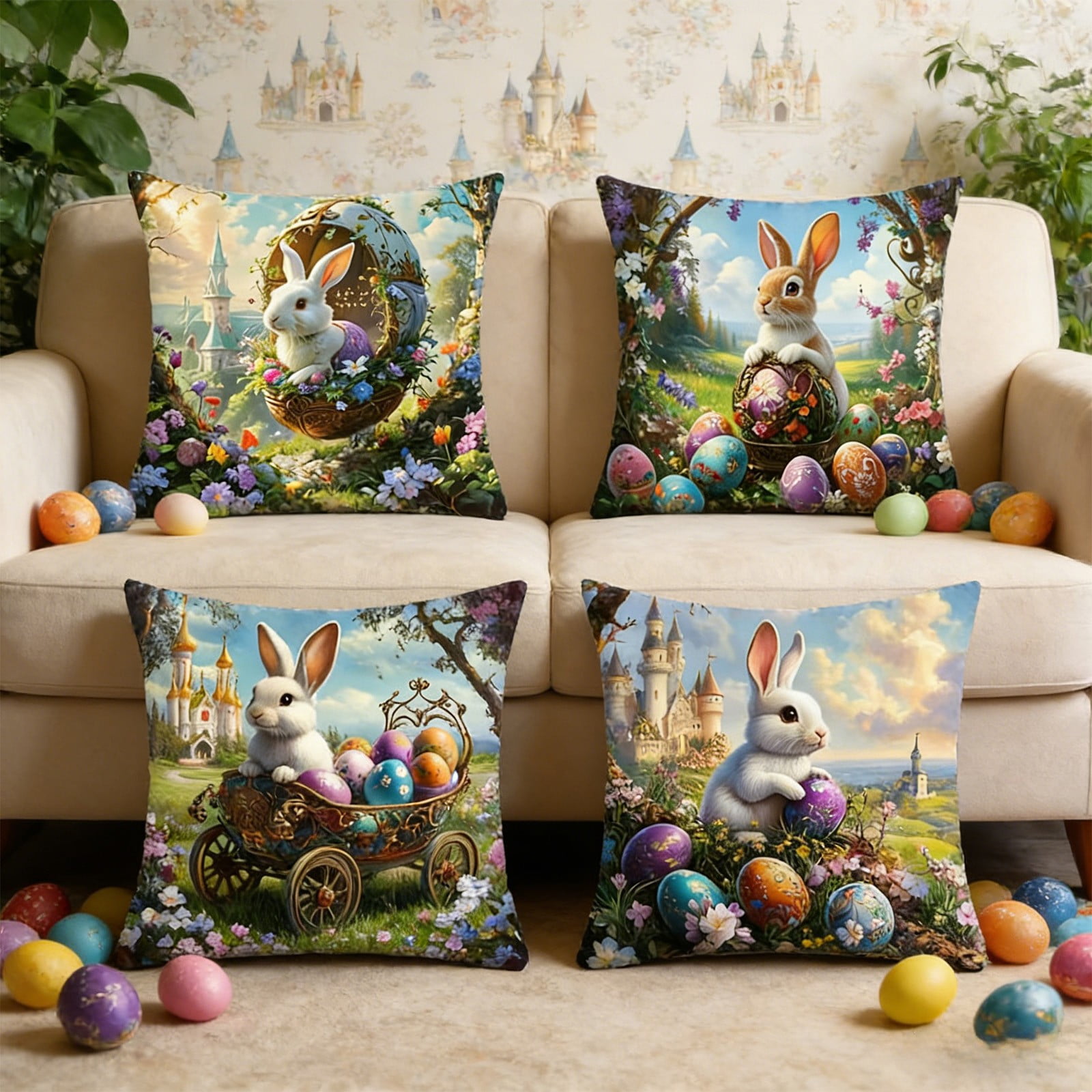 Decorative Easter Rabbit and Egg Pattern Throw Pillow Covers for Living ...