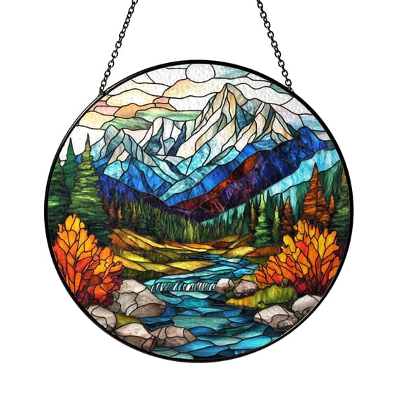 Decorative Fantasy Mountain Stained Glass Style Suncatcher, Forest ...