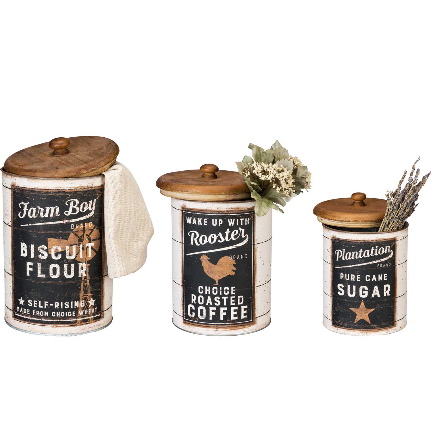 Kitchen Tin Cannister Storage Set with Wooden Lids - Flour Sugar Coffee ...