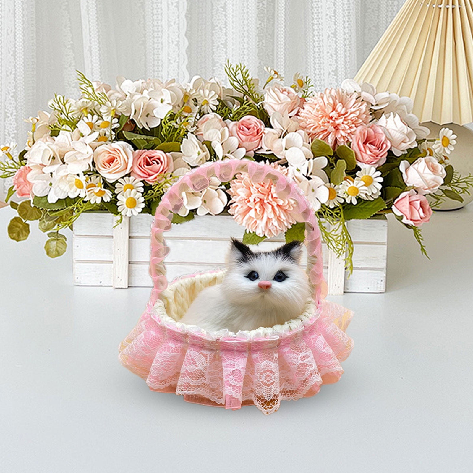 Decorative Faux Cat Figurine | Realistic Plush Details | Lace Flower ...