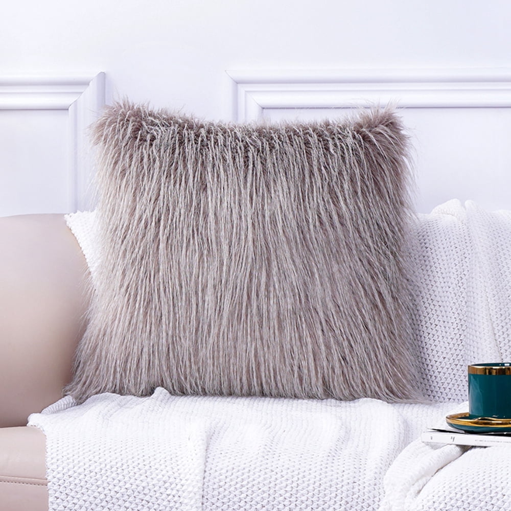 Decorative Faux Fur Throw Pillow Covers Light Brown Fluffy Soft Fuzzy ...