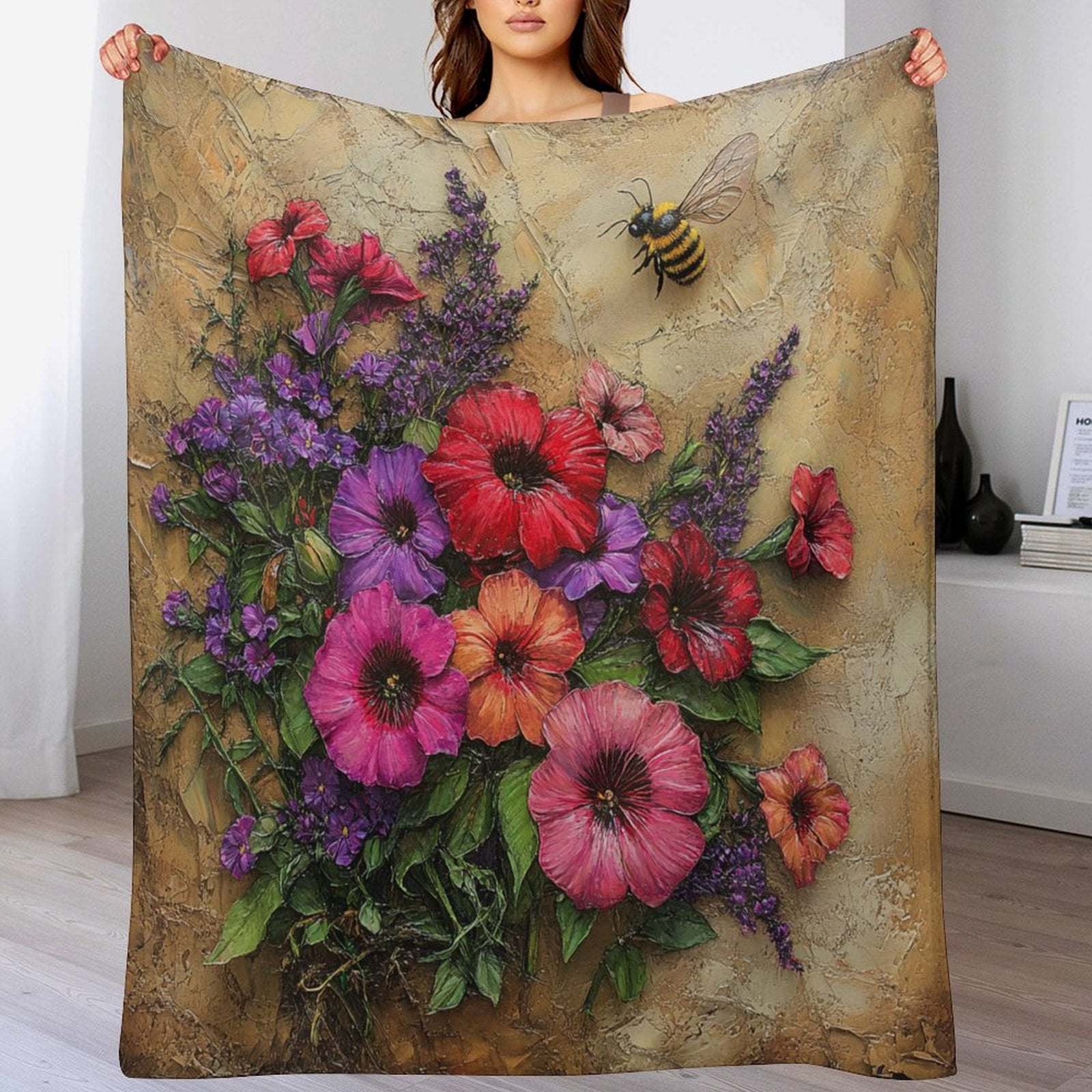 Decorative Flannel Blanket Spring Bee Red Geranium Home Décor Fuzzy ...