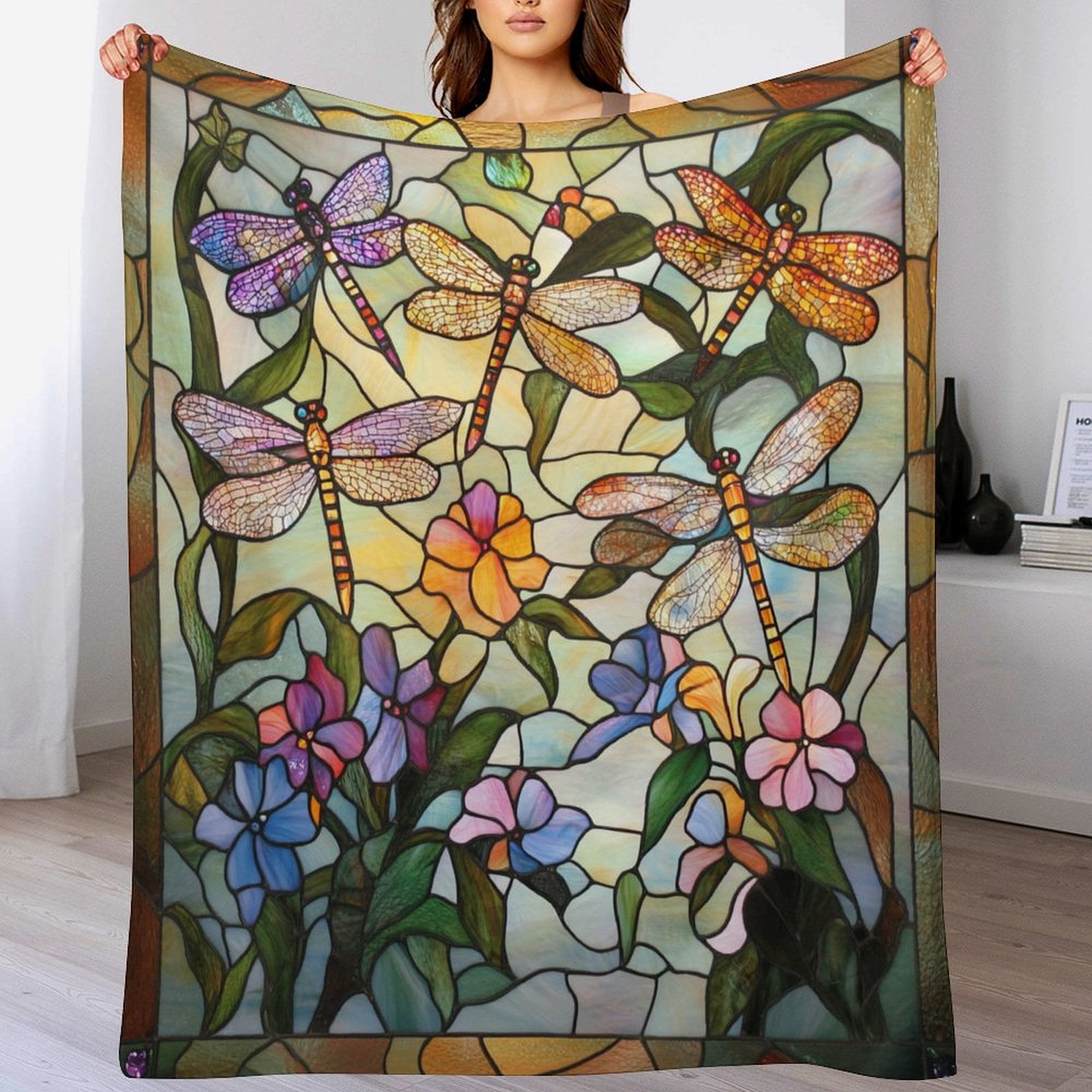 Decorative Flannel Blanket Spring Summer Dragonfly Glass Style Flowers ...