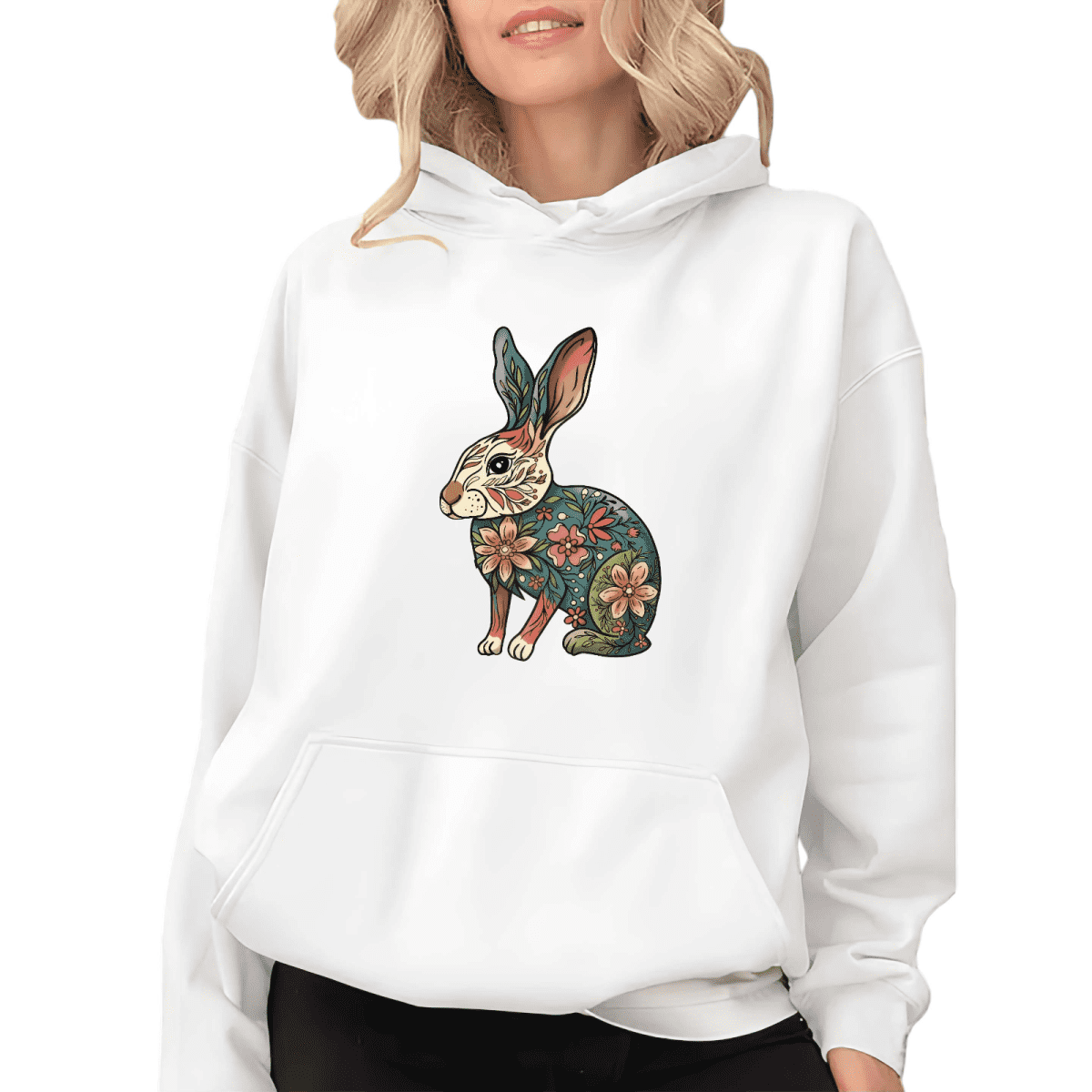 Decorative Floral Rabbit Graphic Sweatshirt Print Hoodie White S-2XL ...