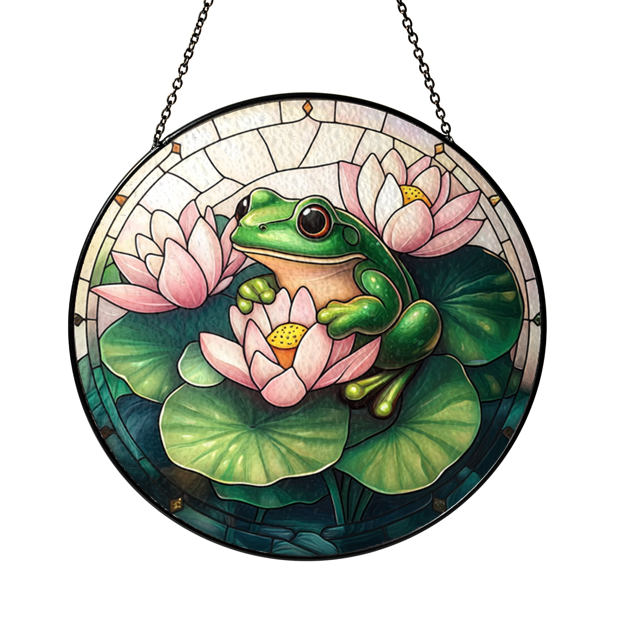 Decorative Frog with Pink Lotus Stained Glass Style Window Hanging Art ...