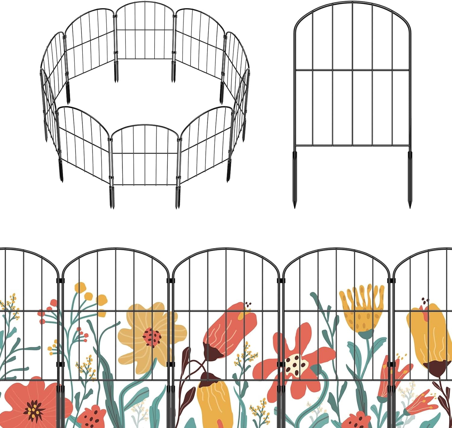 Decorative Garden Fence 10 Panels, 10ft (L) x 22in (H) Rustproof Metal ...