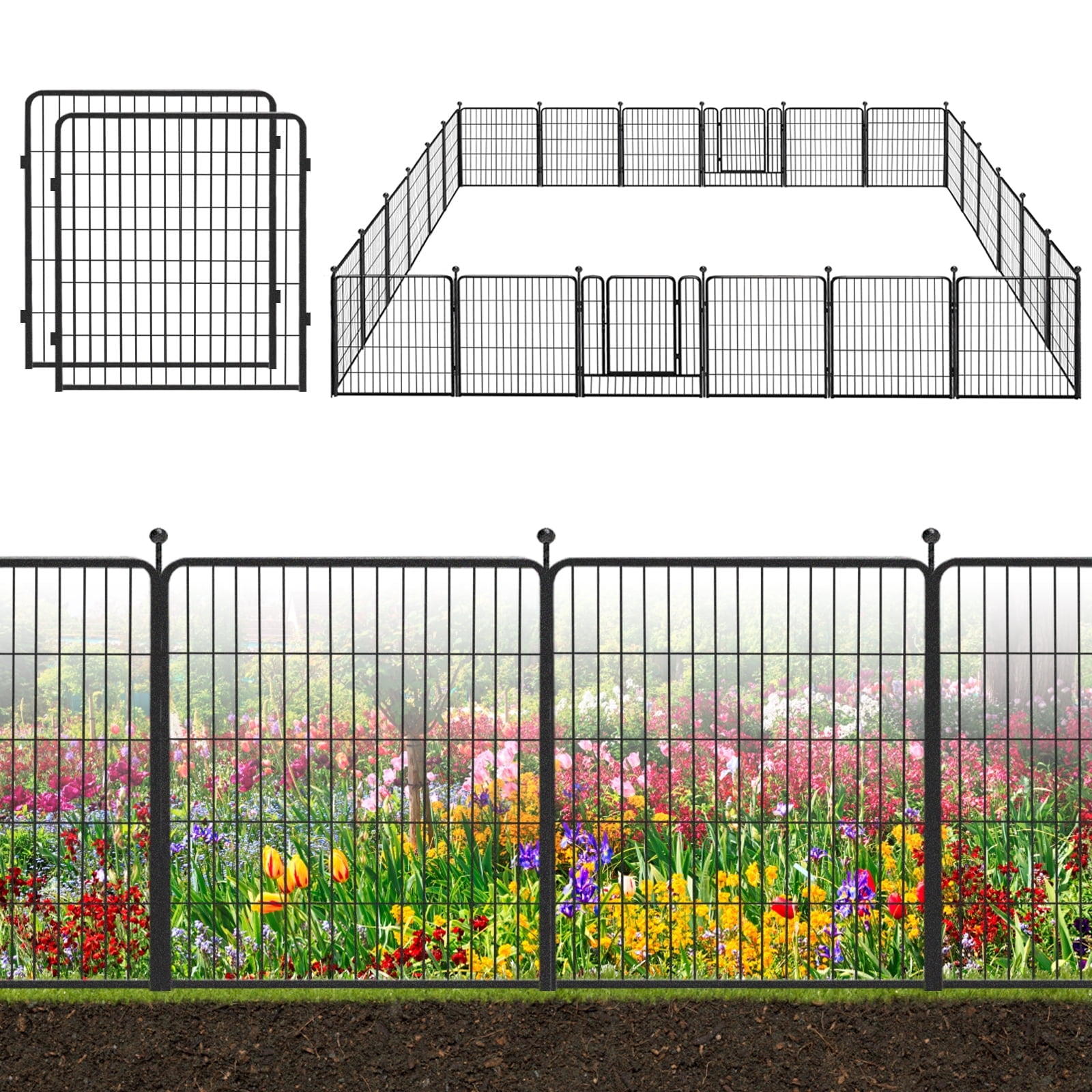 Decorative Steel Garden Fence 55ft×32in, 24 Panels, No Dig, Animal ...