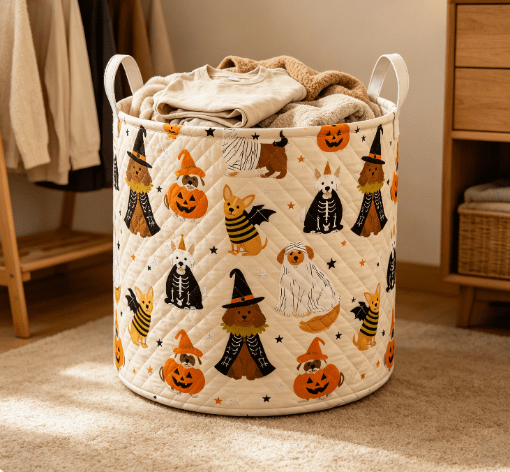 Decorative Halloween Printed Quilted Laundry Basket Portable Carry ...