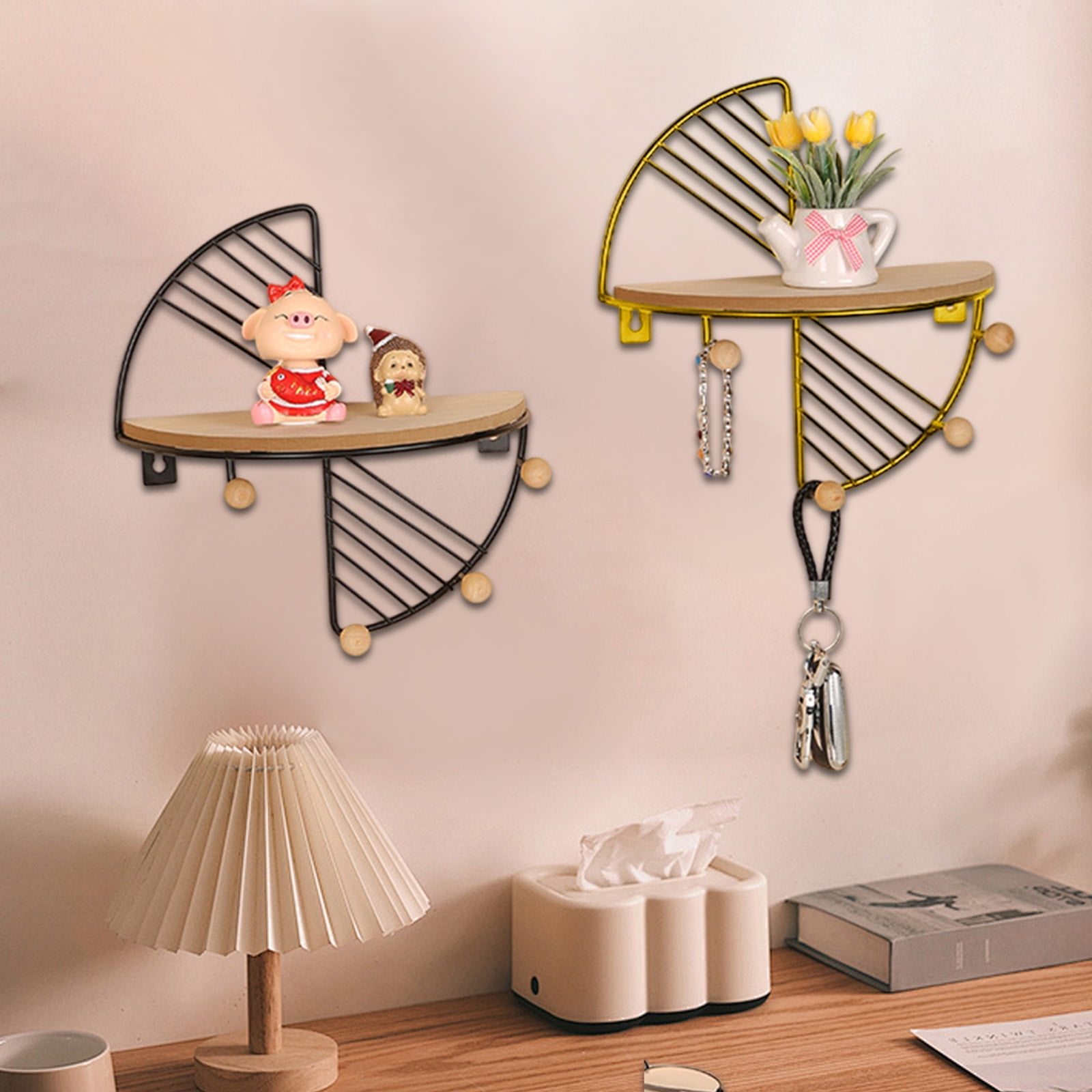 Decorative Iron Wall Shelf with Hooks Gold Fan Shape Organizer for ...