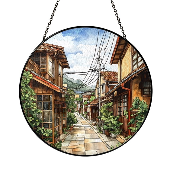 Decorative Japanese Street Stained Glass Suncatcher with Urban Nature ...