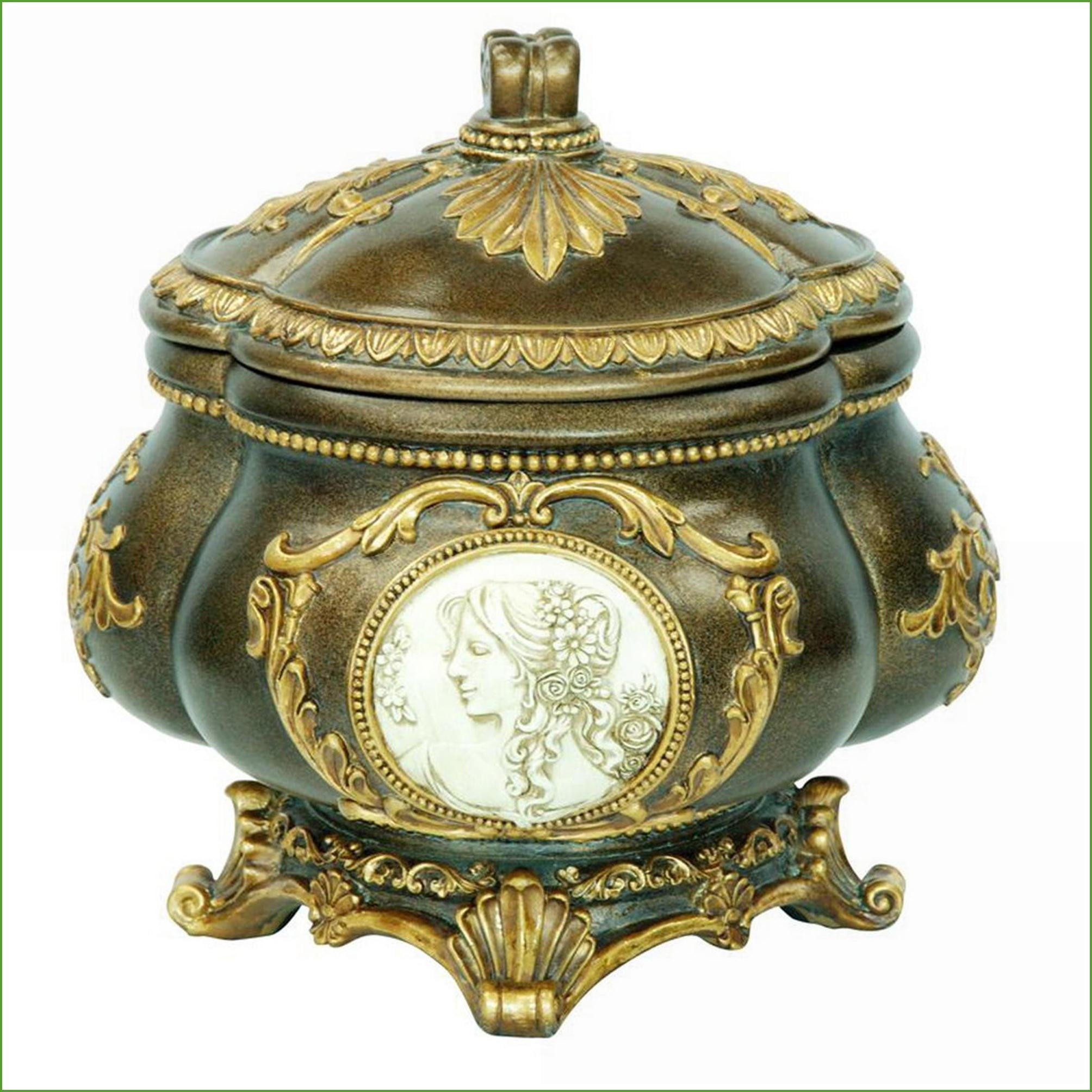 Decorative Jewelry Box, 9” Tall Classical Greek & Gold Leaf | Bronze ...