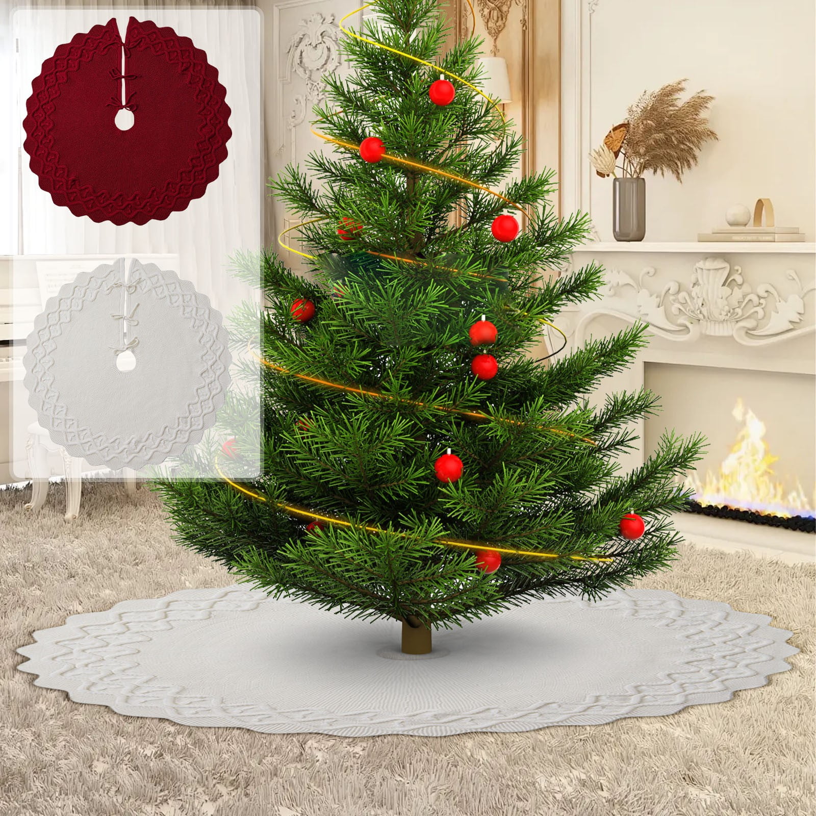 Decorative Knit Christmas Tree Skirt, 48 Inch Large Wave Bow Design ...