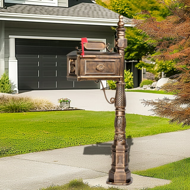 Decorative Large Mailbox with Post, Heavy Duty Cast Aluminum Postal ...