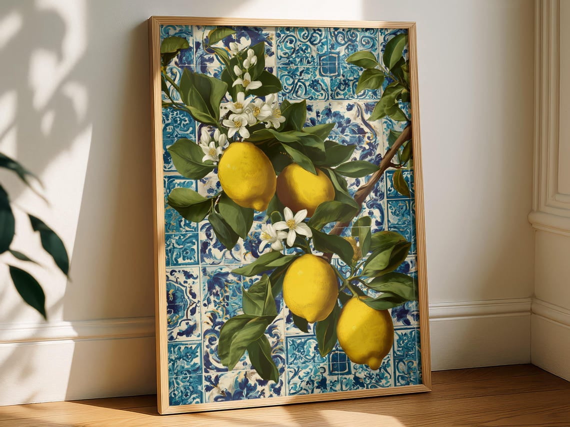 Decorative Lemon Botanical Mediterranean Tile Inspired Design Saturated ...