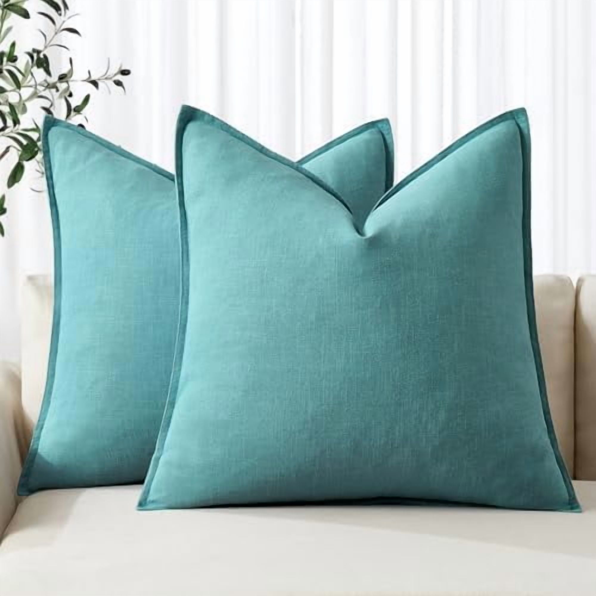 Decorative Linen Euro Sham Pillow Covers 24x24 Turquoise Boho Farmhouse ...