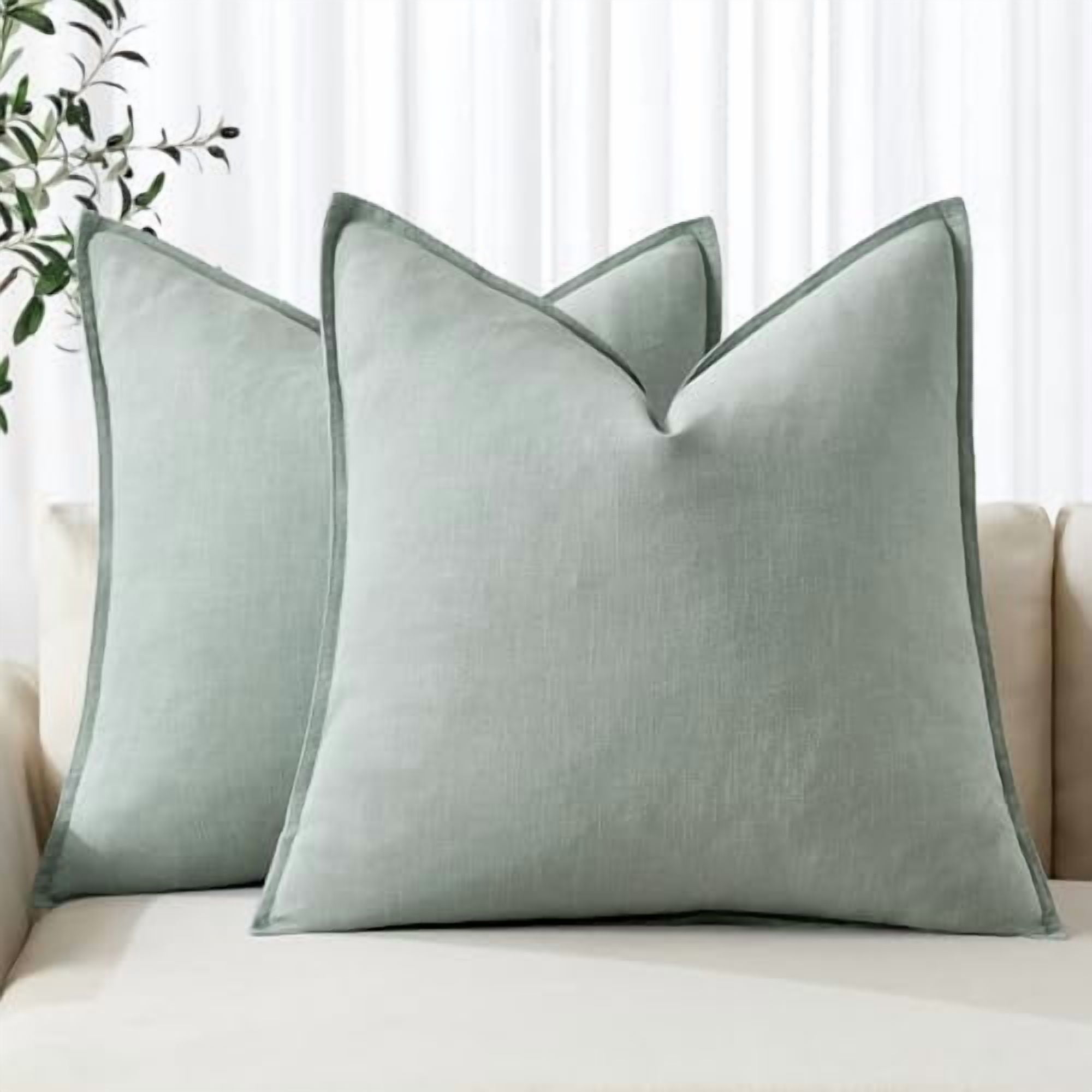Decorative Linen Pillow Covers 18x18 Inch Aqua Green Boho Farmhouse ...