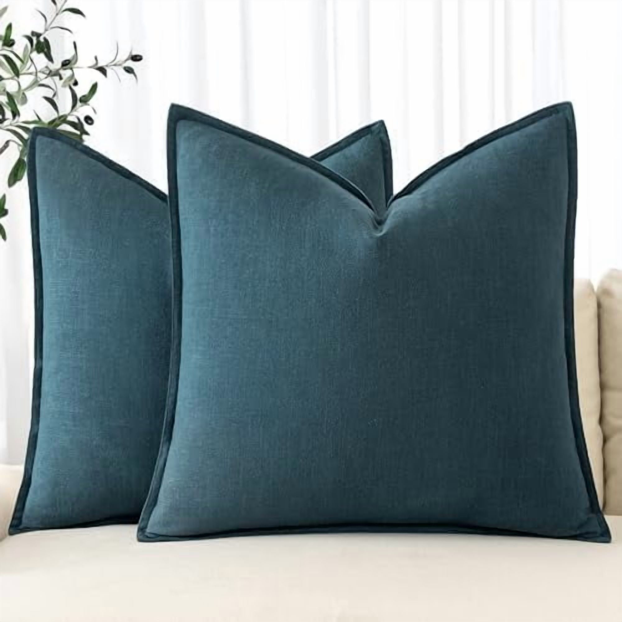 Decorative Linen Pillow Covers 18x18 Inch Blue Boho Farmhouse Neutral ...