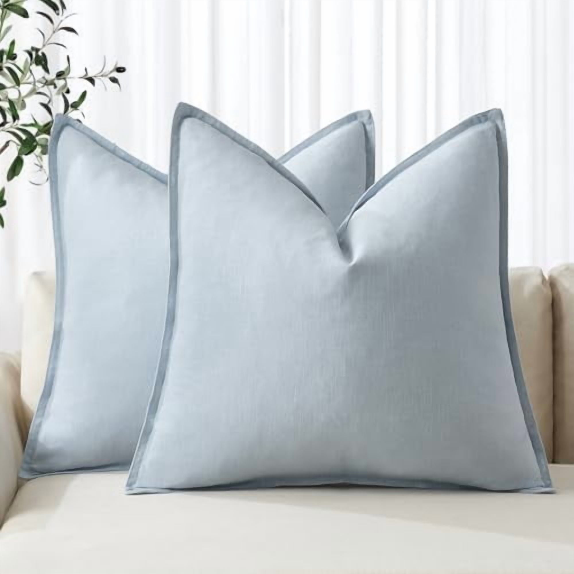 Decorative Linen Pillow Covers 18x18 Inch Light Blue Boho Farmhouse ...