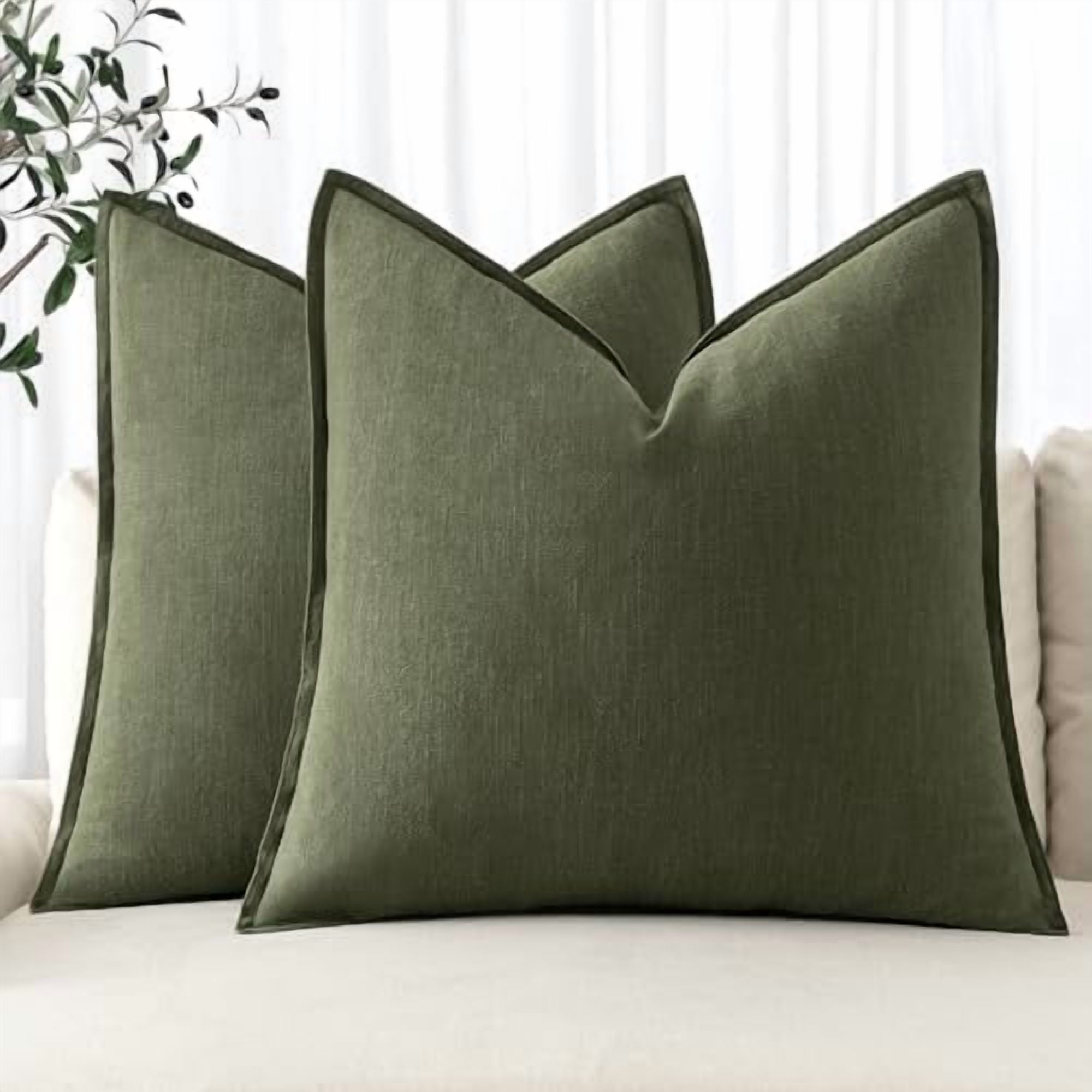 Decorative Linen Pillow Covers 20x20 Inch Dark Olive Green Boho ...