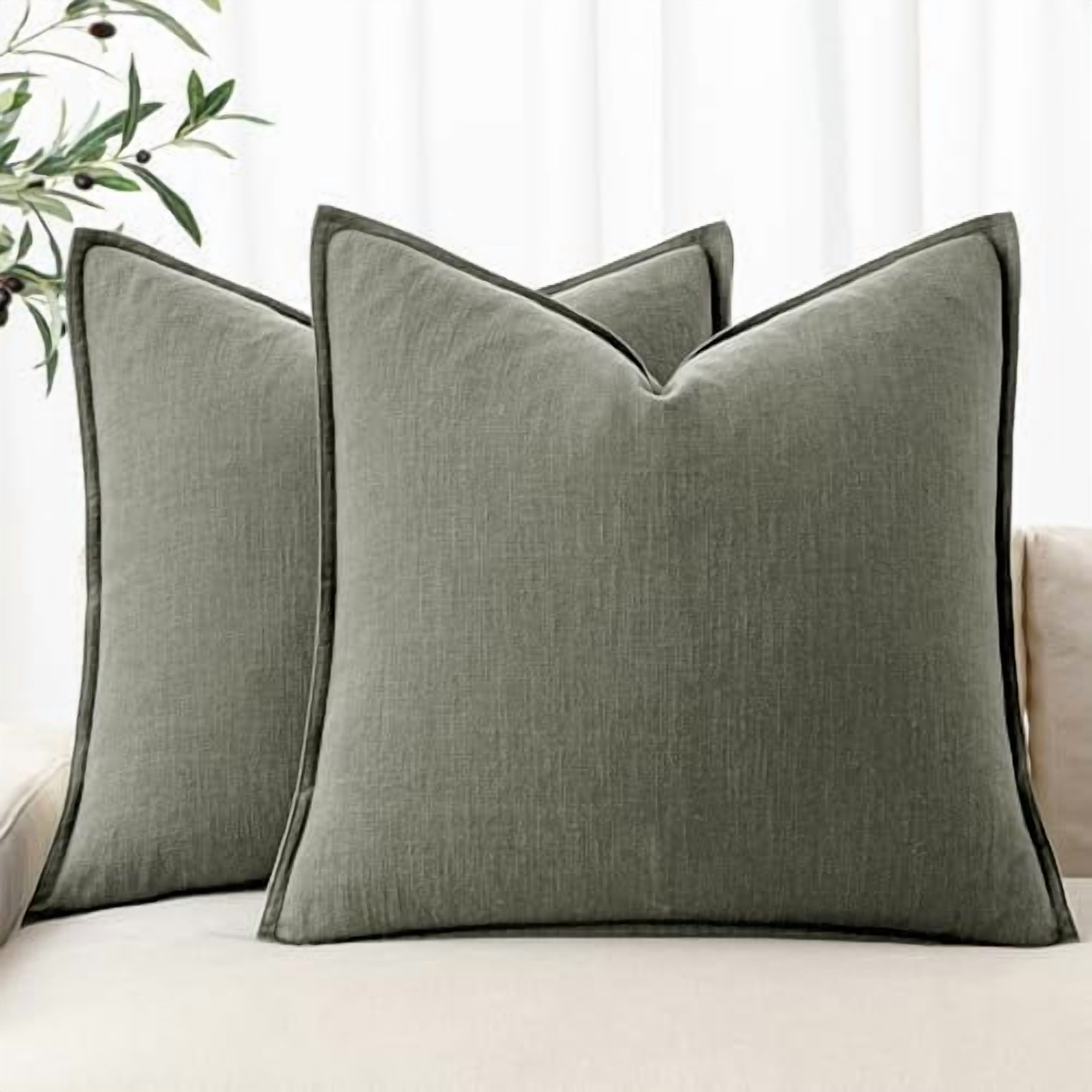 Decorative Linen Pillow Covers 24x24 Inch Olive Green Boho Farmhouse ...